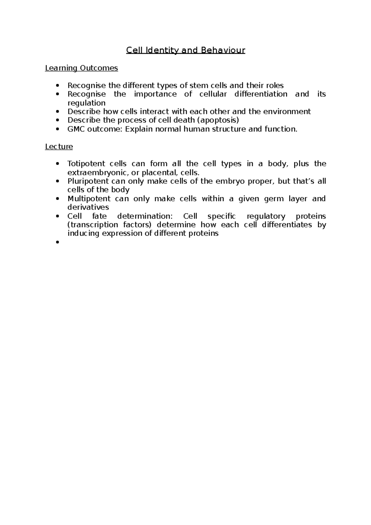 Genetics and Development Lecture 8 - Cell Identity and Behaviour - Cell ...