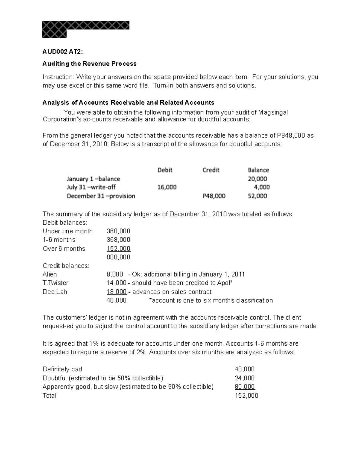 Analysis of Accounts Receivable and Related Accounts. Problem Solving ...