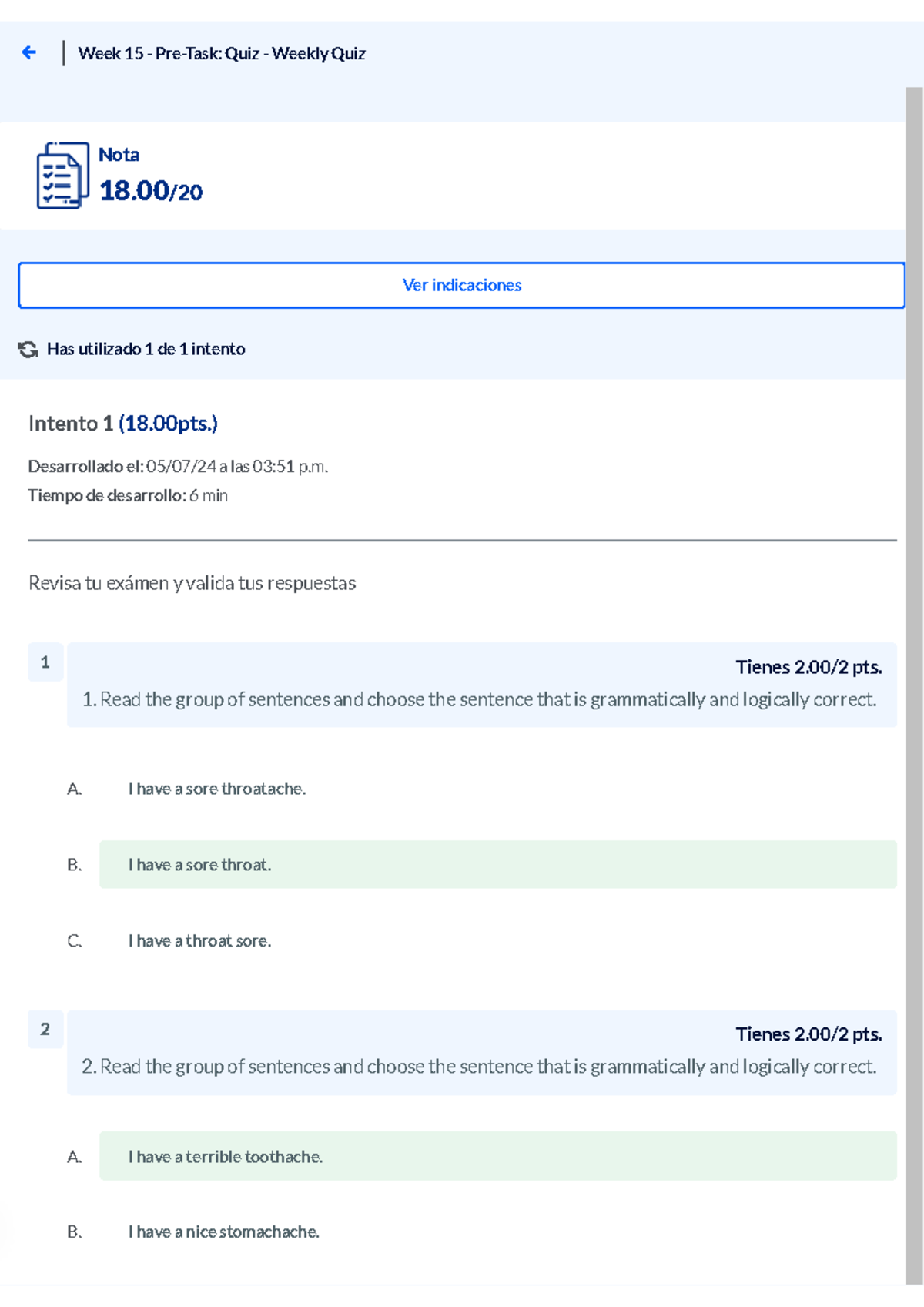 Weekly quiz - 15 - Nota 18/ 20 Intento 1 (18.) Desarrollado el: 05/07 ...