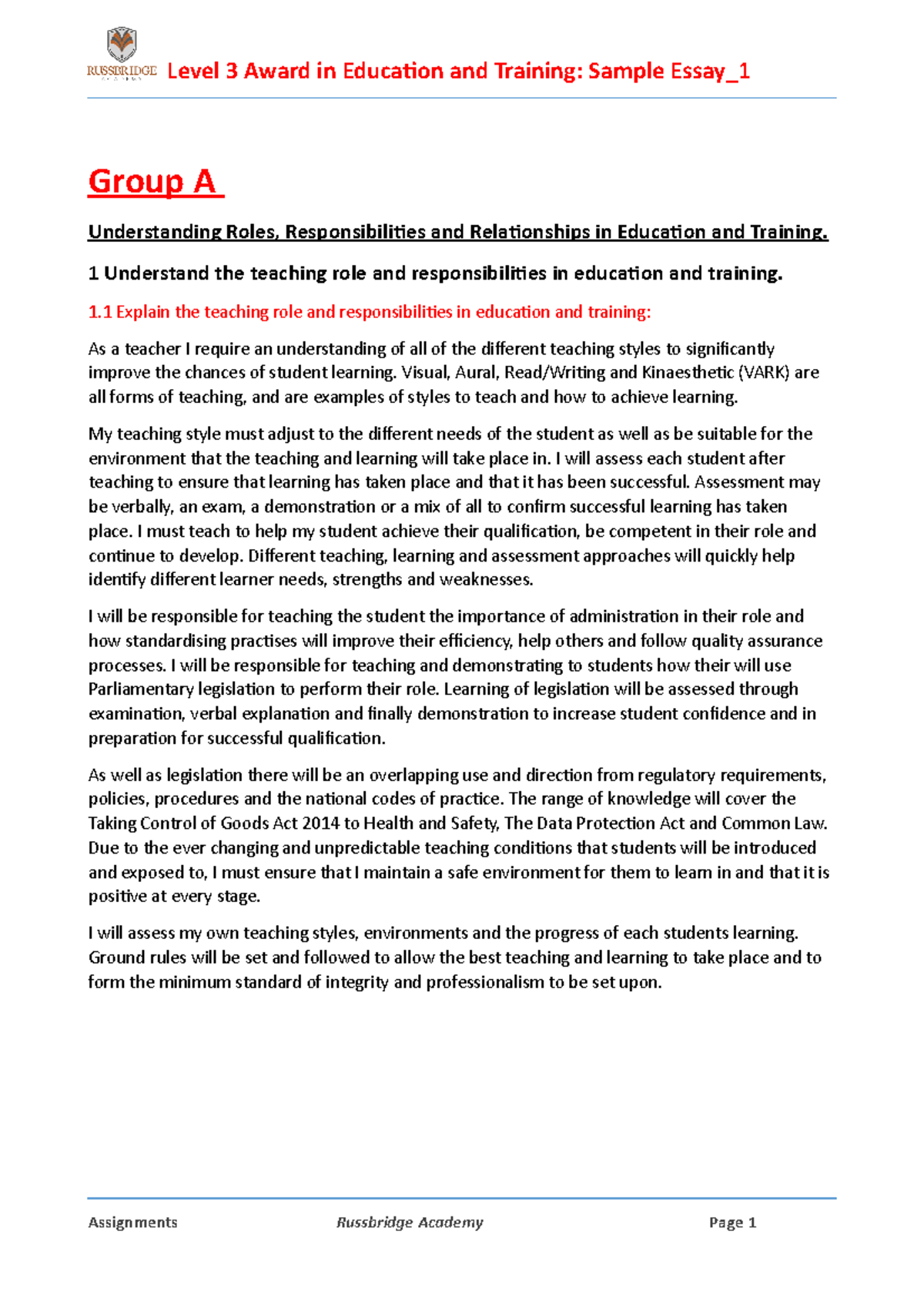 Sample essay 1 - sfsf - Group A Understanding Roles, Responsibilities ...
