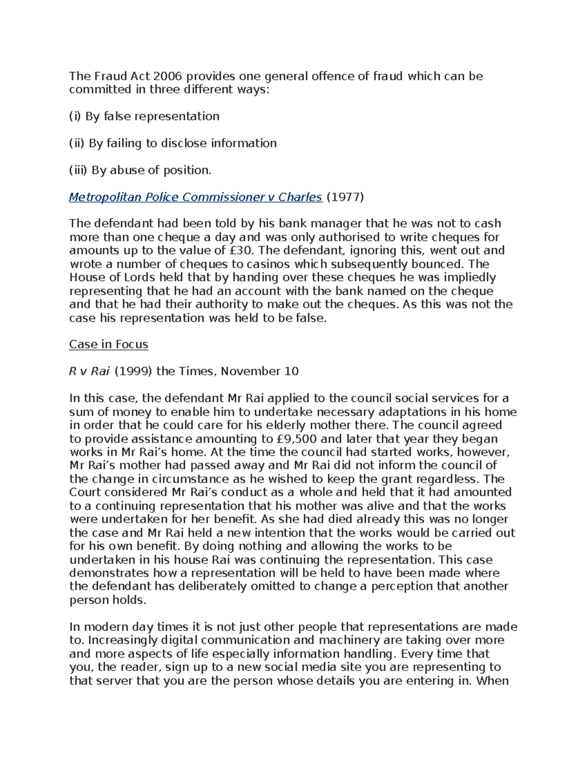 Fraud - Notes - The Fraud Act 2006 provides one general offence of ...