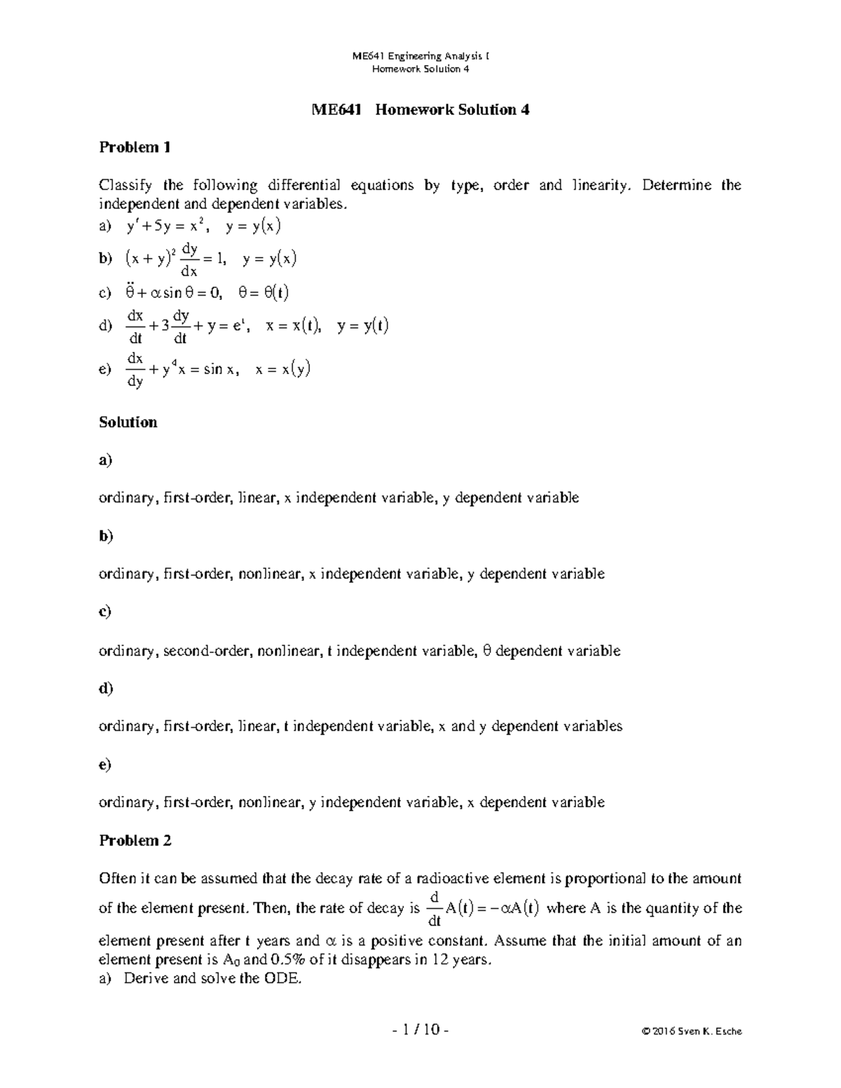 Hwsol 04 - Solution to hw assignment 4 - ME641 Engineering Analysis I ...