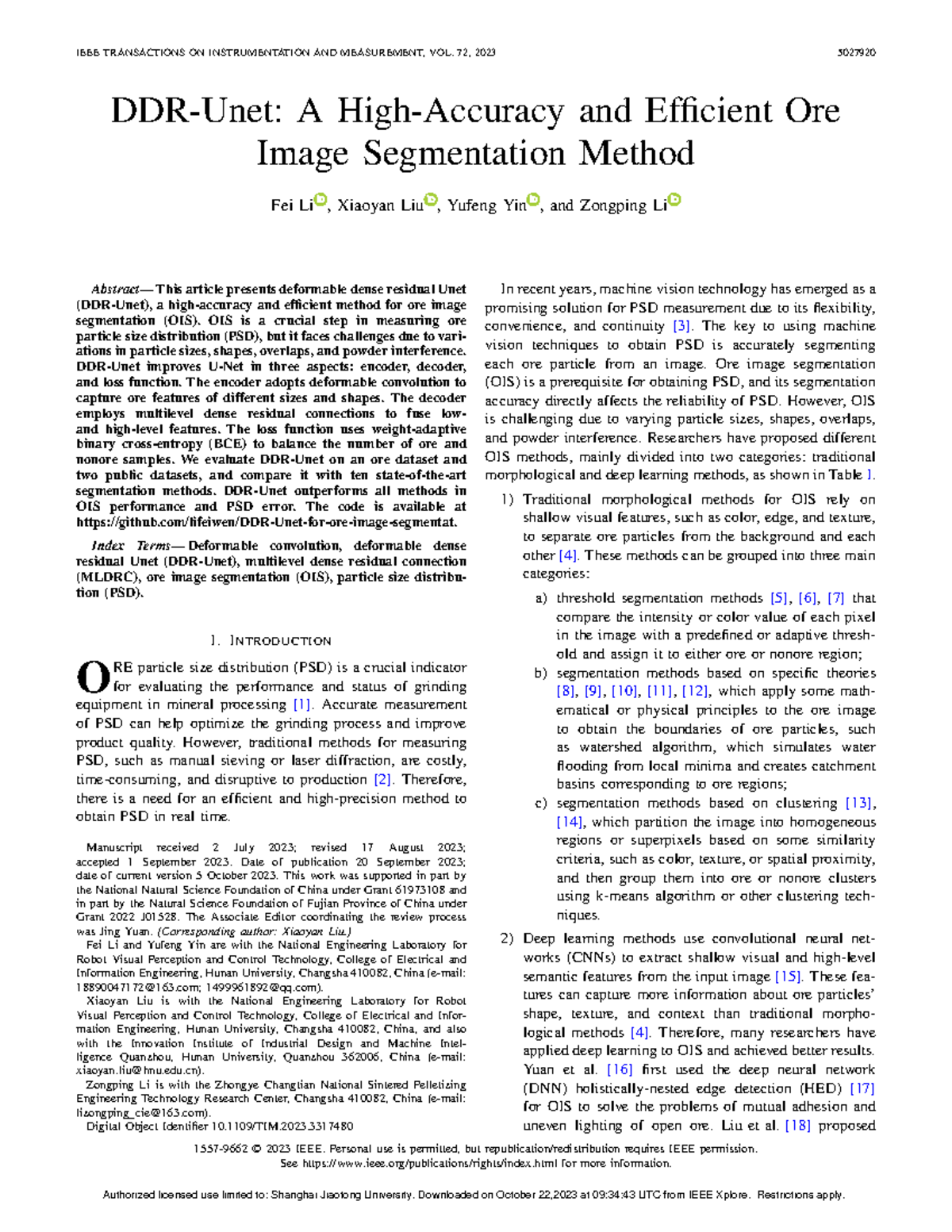 Ddr Unet A High Accuracy And Efficient Ore Image Segmentation Method Ieee Transactions On