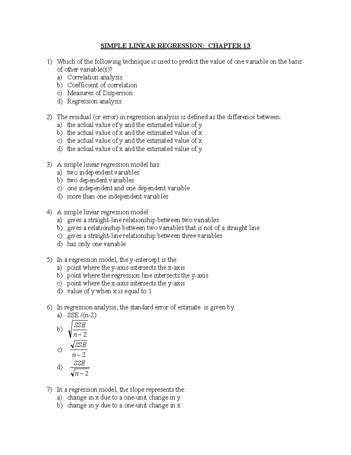 MQM100 Multiple Choice Chapter 13 - SIMPLE LINEAR REGRESSION: CHAPTER ...