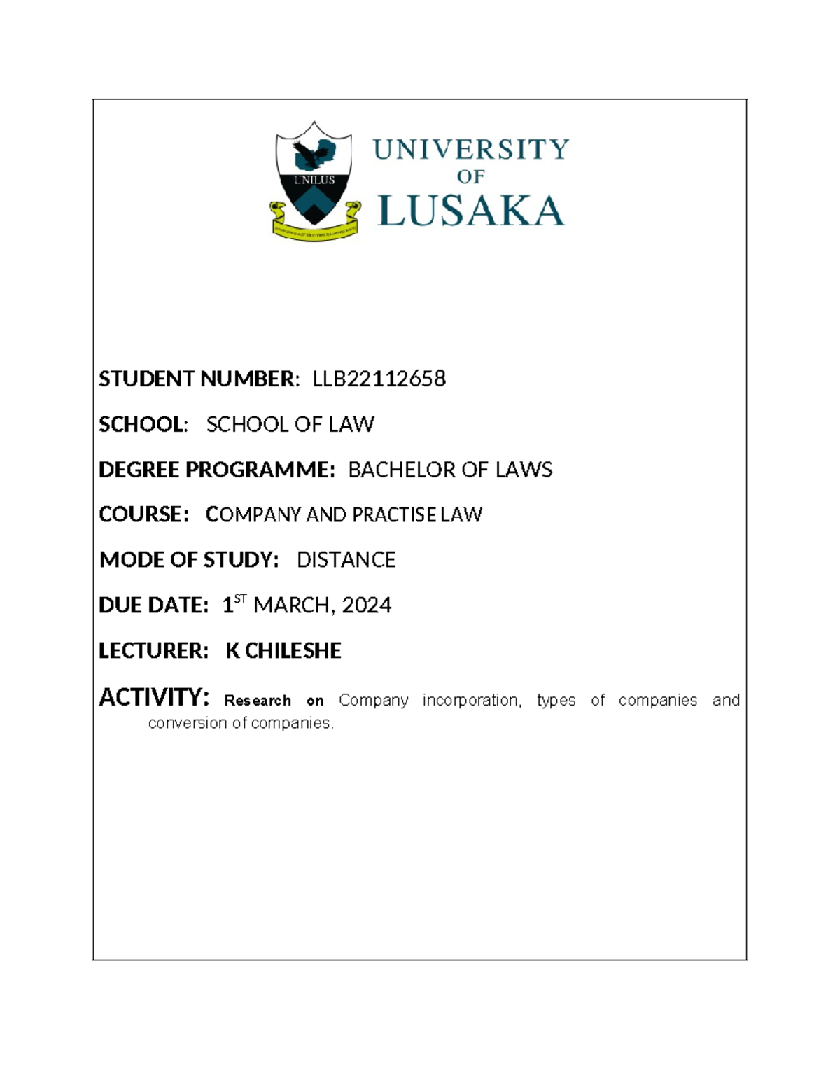 Company LAW Activity 2 - STUDENT NUMBER: LLB SCHOOL: SCHOOL OF LAW ...