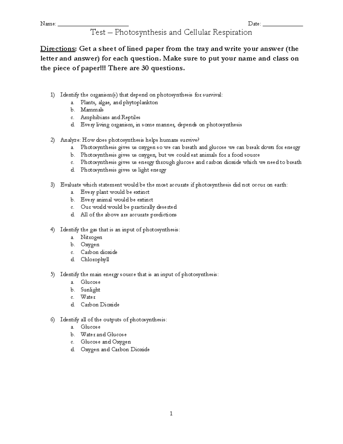 TEST - Photosynthesis and Cellular Respiration - Test – Photosynthesis ...