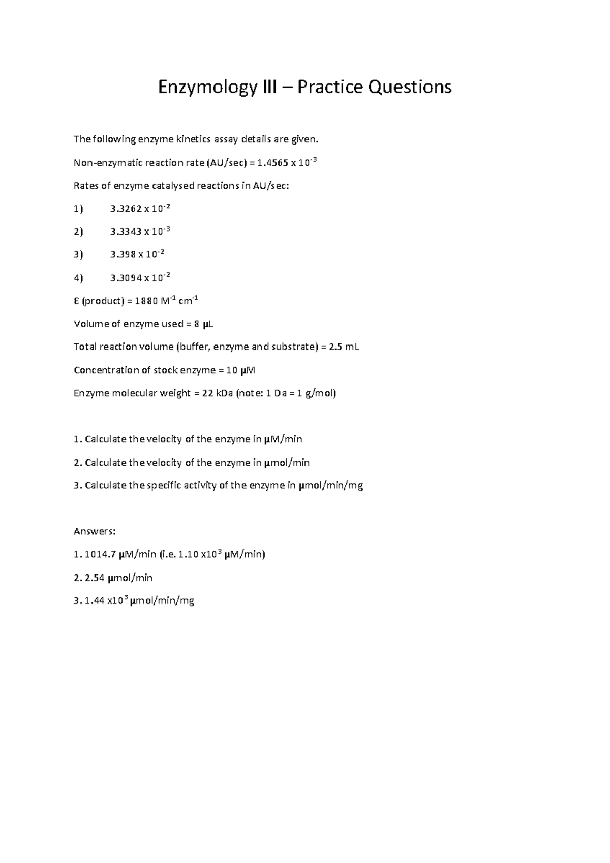 Enzymology III Practice Questions - Enzymology III – Practice Questions ...