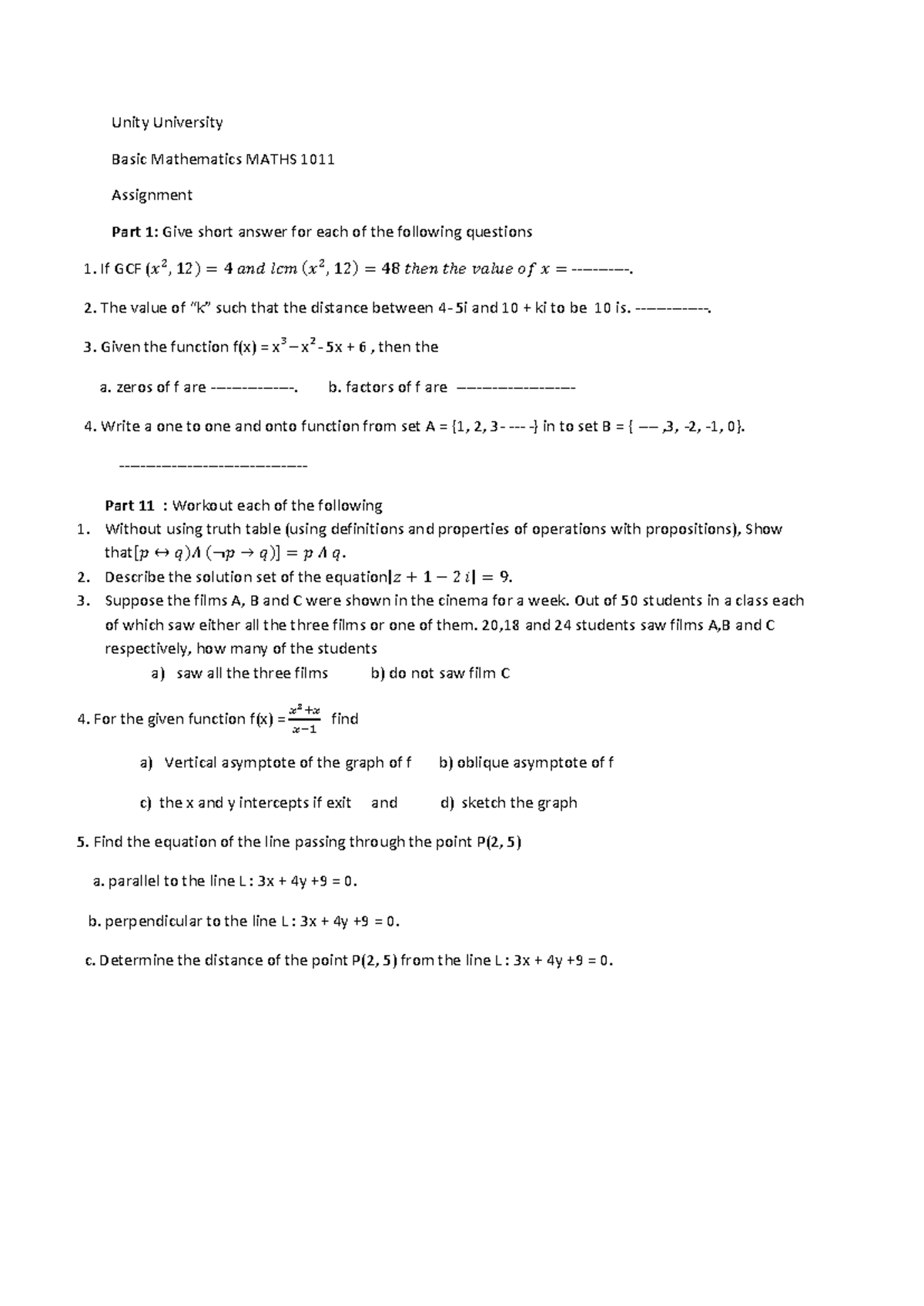 Basic Maths assigment Math1011 - Copy - Unity University Basic Mathematics MATHS 1011 Assignment ...