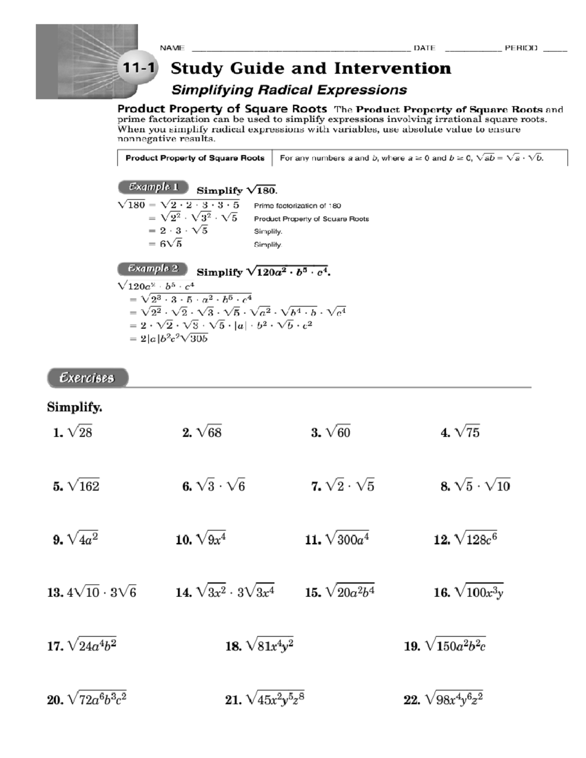 11 28-Simplifying Radical Expressions - complete inside your notebook ...