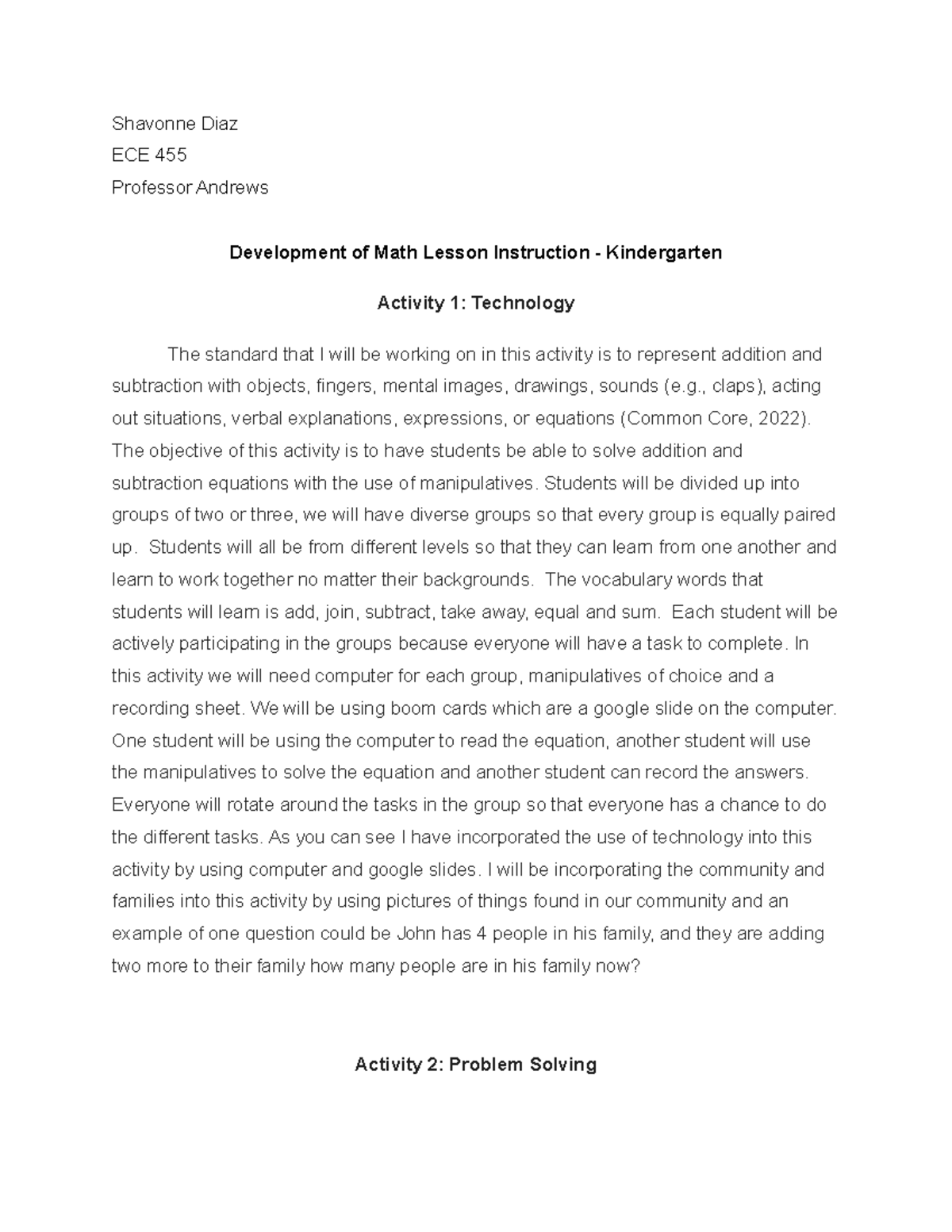 ECE 455 Developmentof Math Lesson - Shavonne Diaz ECE 455 Professor ...