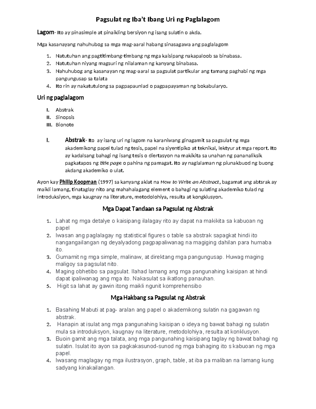 Uri-ng-Lagom - Pagsulat sa Iba'tt ibang Uri ng Paglalagom - Pagsulat ng Iba’t Ibang Uri ng - Studocu