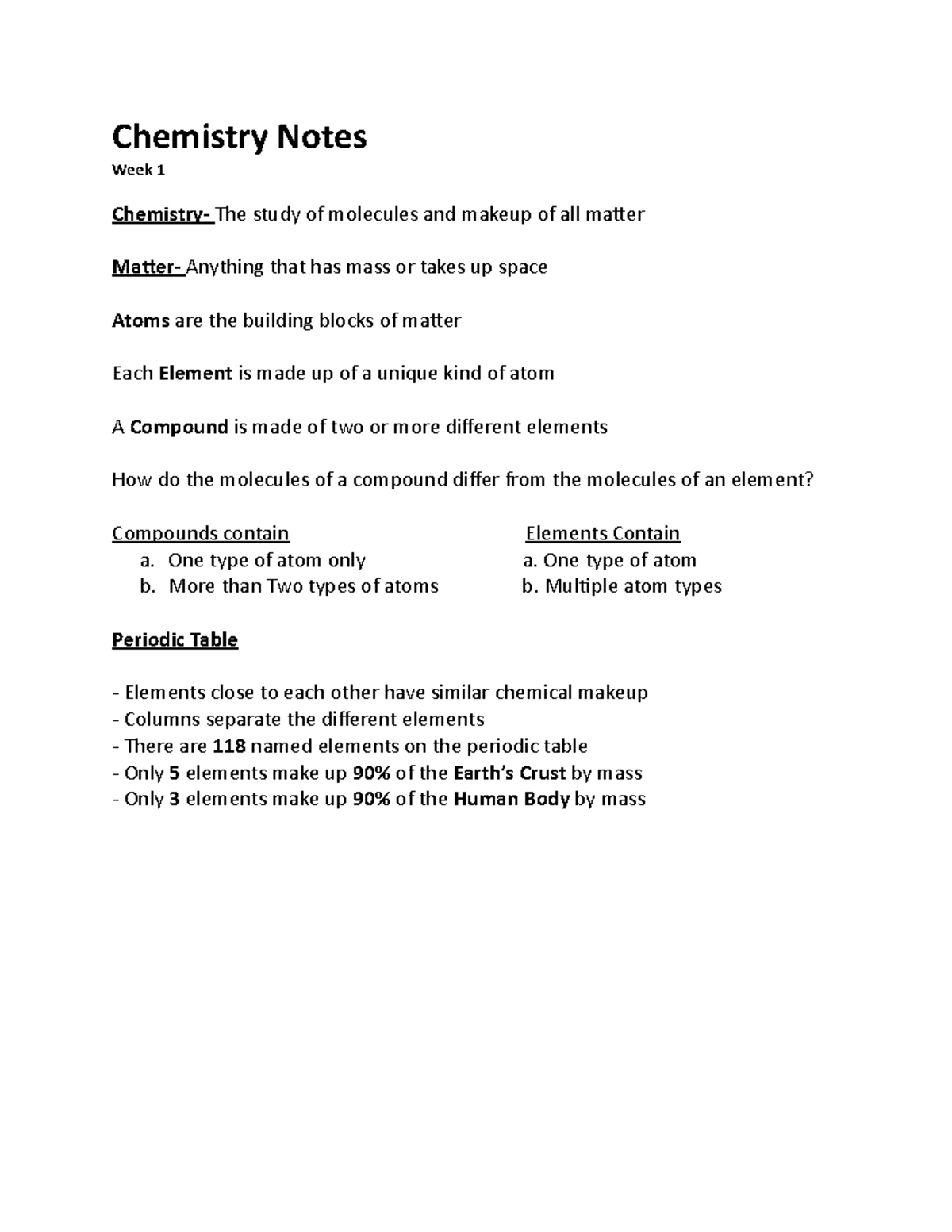 Chemistry Notes - Chemistry Notes Week 1 Chemistry- The study of ...