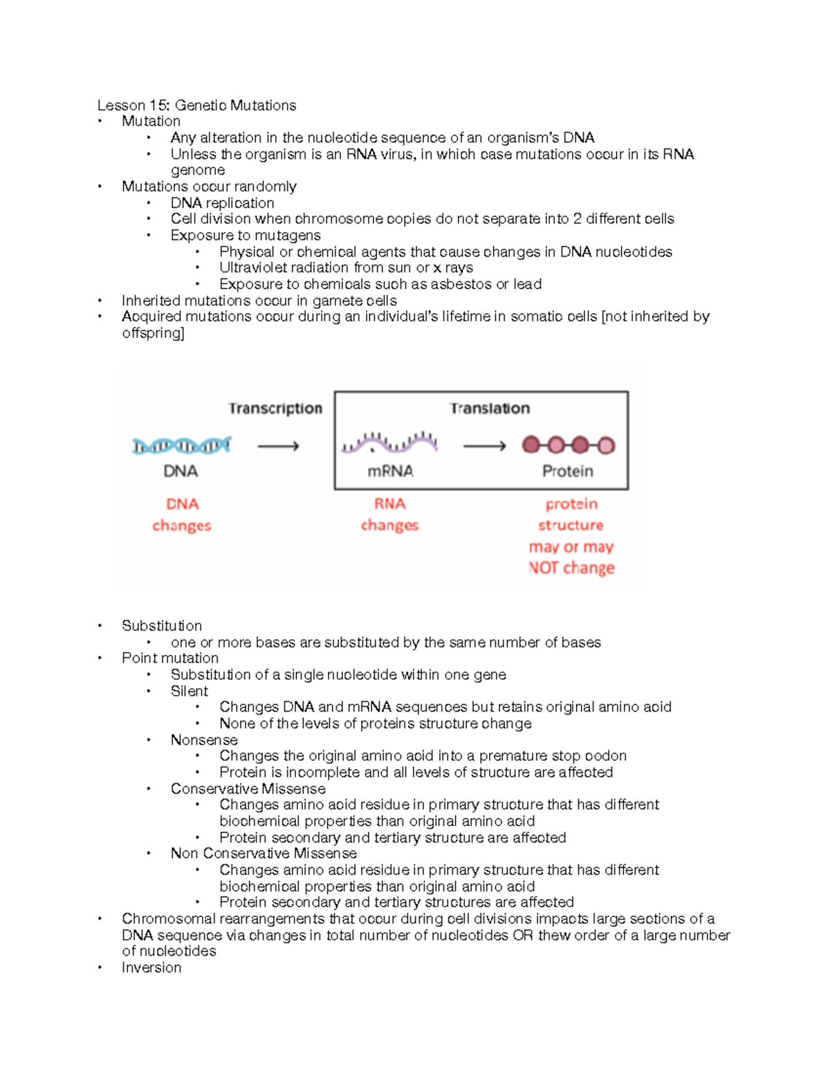 Lesson 15 Notes - Lesson 15: Genetic Mutations Mutation Any alteration ...