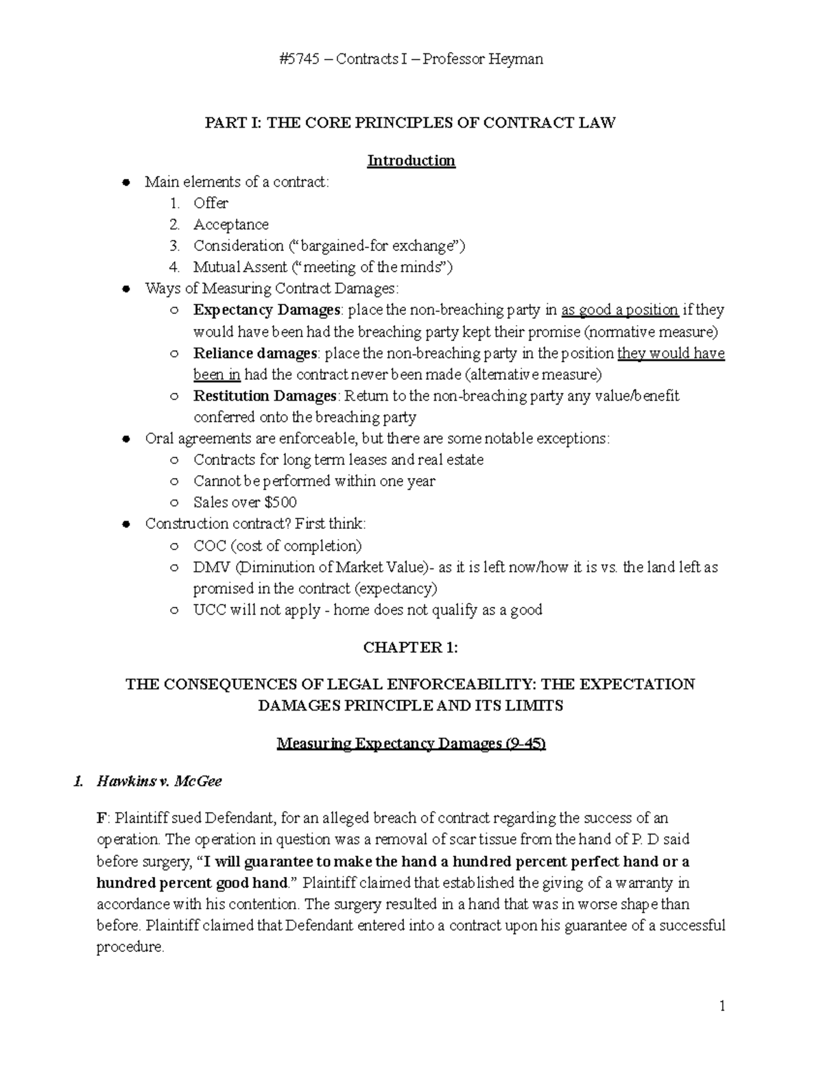 Contracts I Outline - PART I: THE CORE PRINCIPLES OF CONTRACT LAW ...
