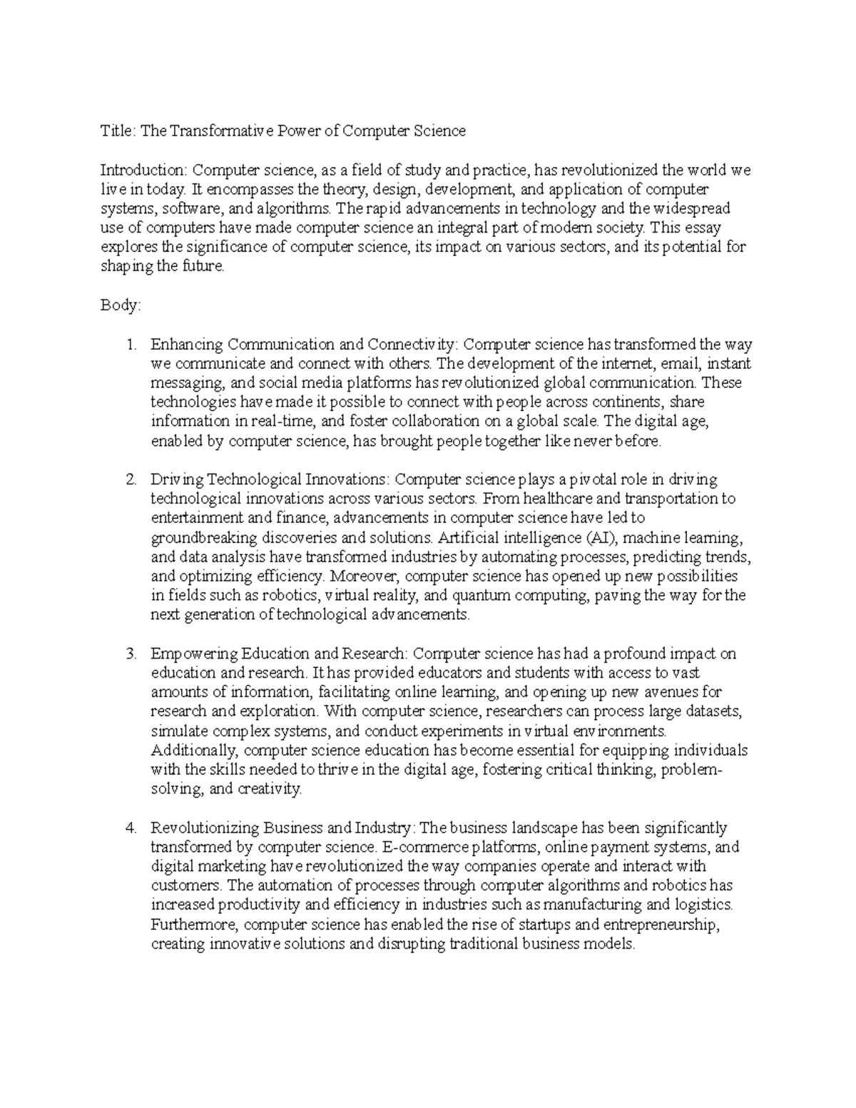 Happy essay - Title: The Transformative Power of Computer Science ...