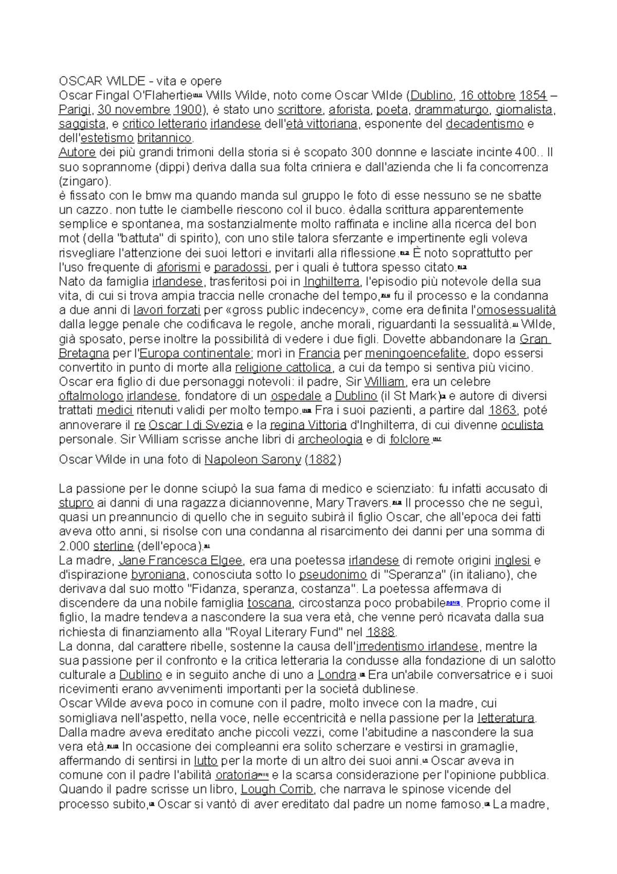 Oscar Wilde - riassunto vita - OSCAR WILDE - vita e opere Oscar Fingal ...