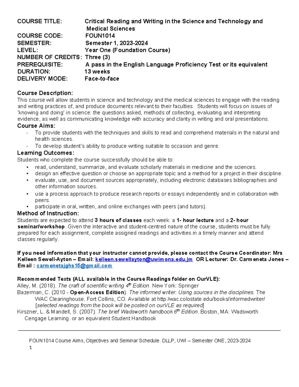 FOUN1014 - Course Outline Schedule - Semester 1, 2023-2024 (2) - COURSE ...