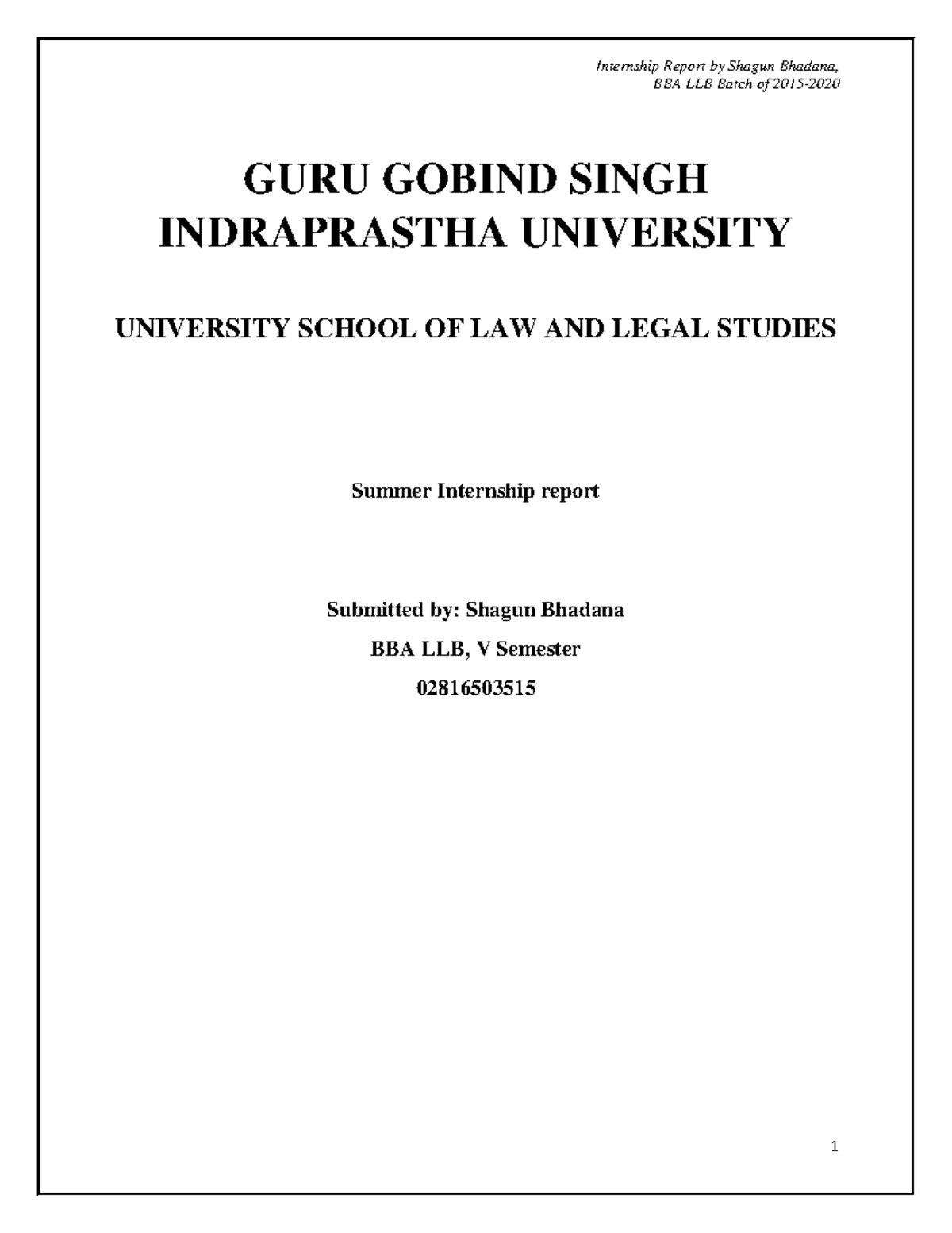 summer training intern report - LLB - IPU - Studocu