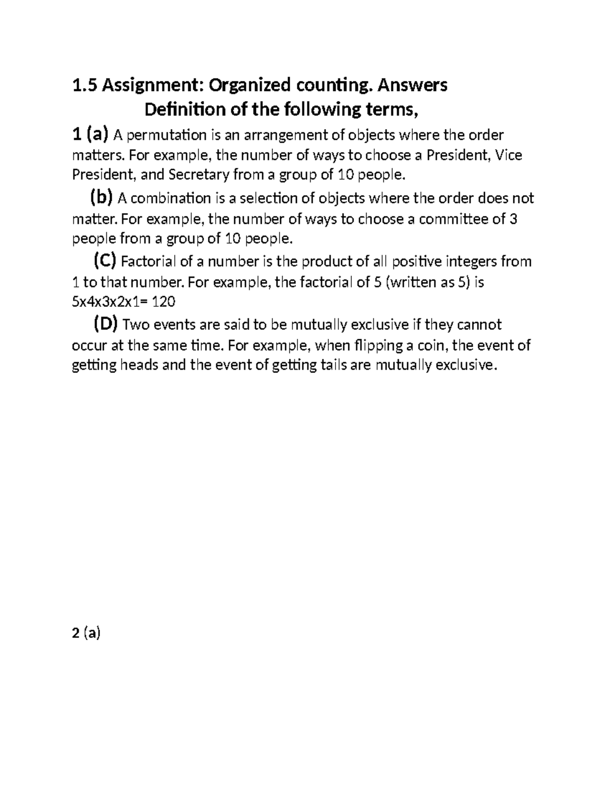 2 - assignment - 1 Assignment: Organized counting. Answers Definition of the following terms, 1 ...
