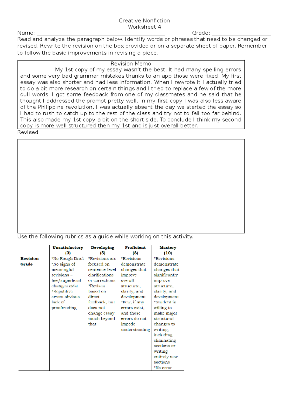 CNF Worksheet 4 - Creative Nonfiction Worksheet 4 Name: - Studocu