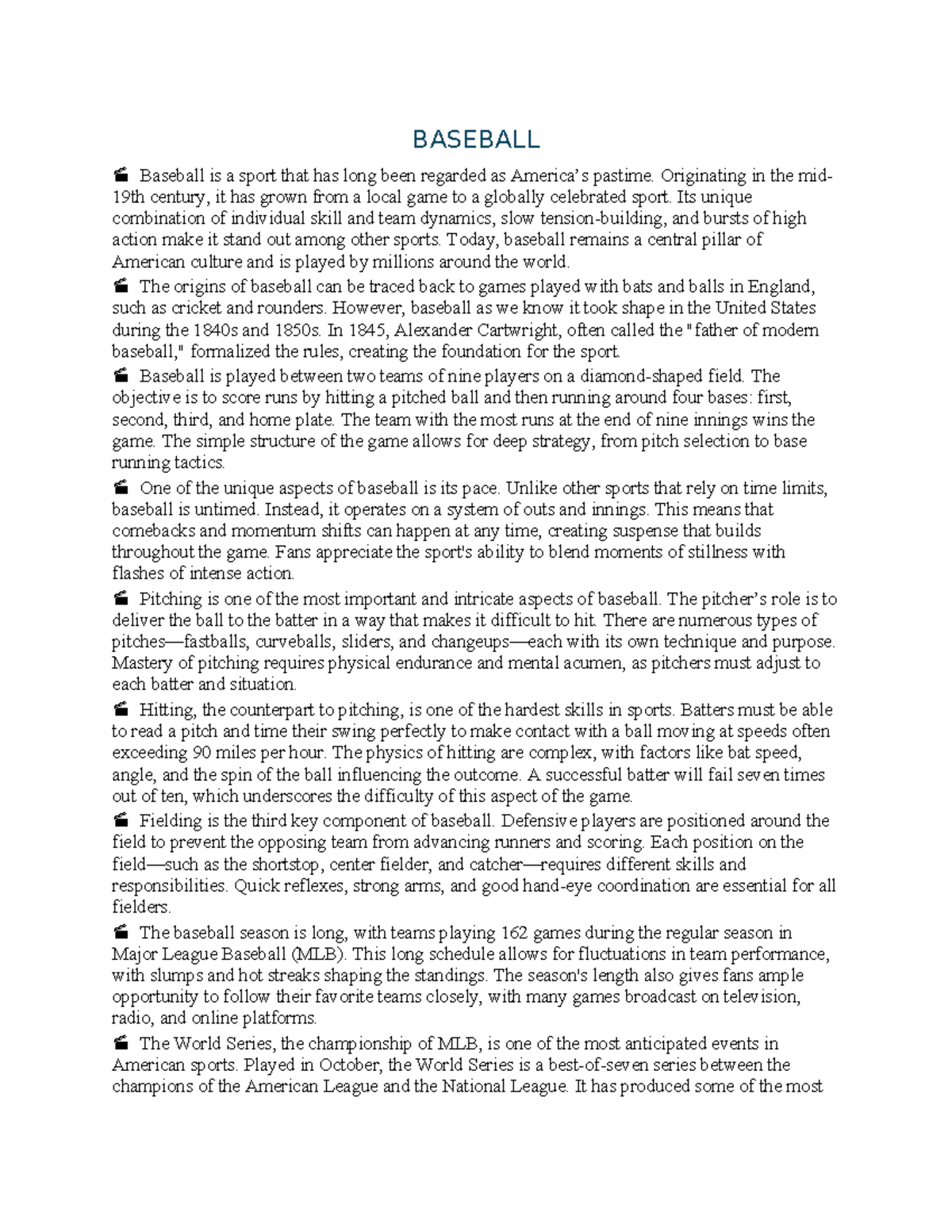 Baseball OYAT - BASEBALL Baseball is a sport that has long been ...