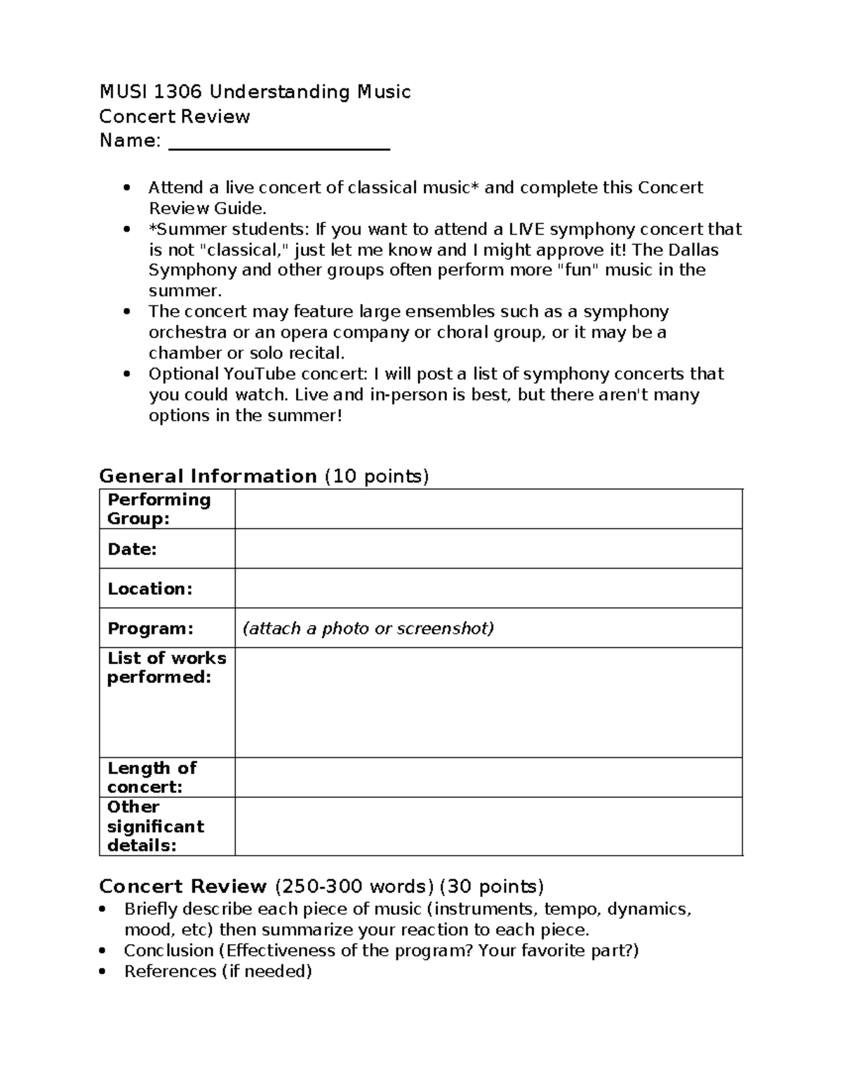 Concert Review Form - MUSI 1306 Understanding Music Concert Review Name