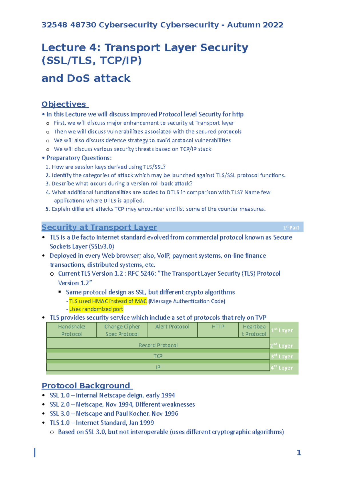 Lecture 4 Note - Lecture 4: Transport Layer Security (SSL/TLS, TCP/IP) and DoS attack Objectives ...