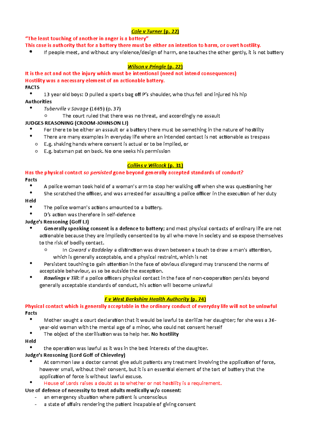 Intentional Torts - Cole v Turner ( p. 22) “The least touching of ...