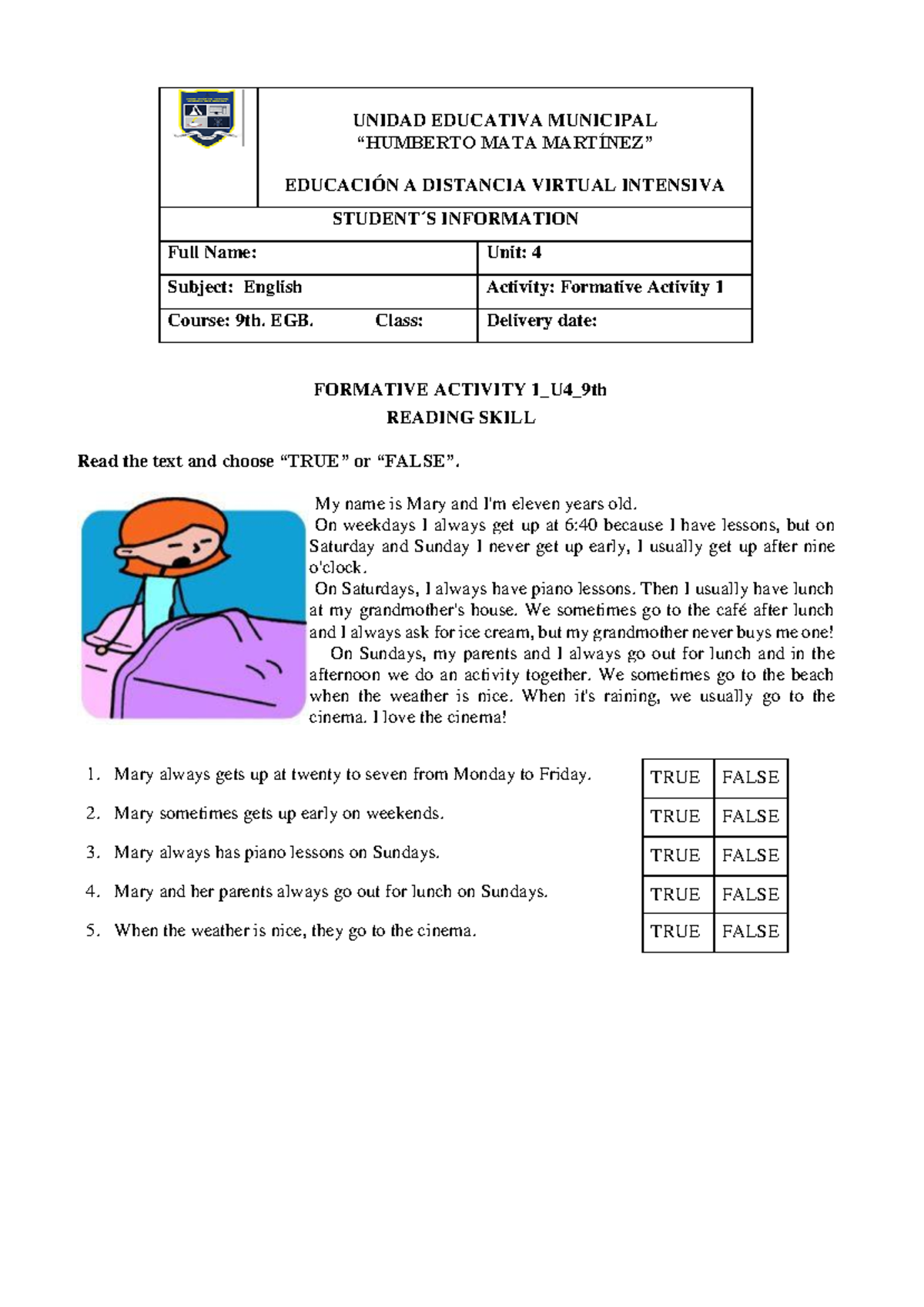 3. Formative Activity 1 U4 9th - UNIDAD EDUCATIVA MUNICIPAL “HUMBERTO MATA MARTÍNEZ” EDUCACIÓN A ...