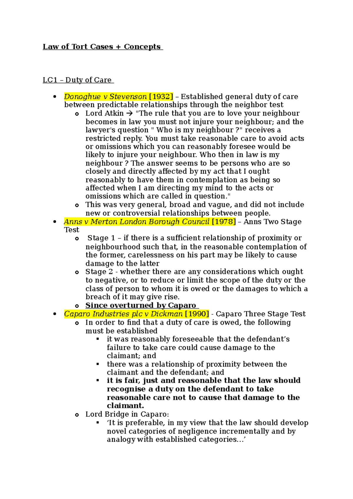Law of Tort Cases - You must take reasonable care to avoid acts or ...