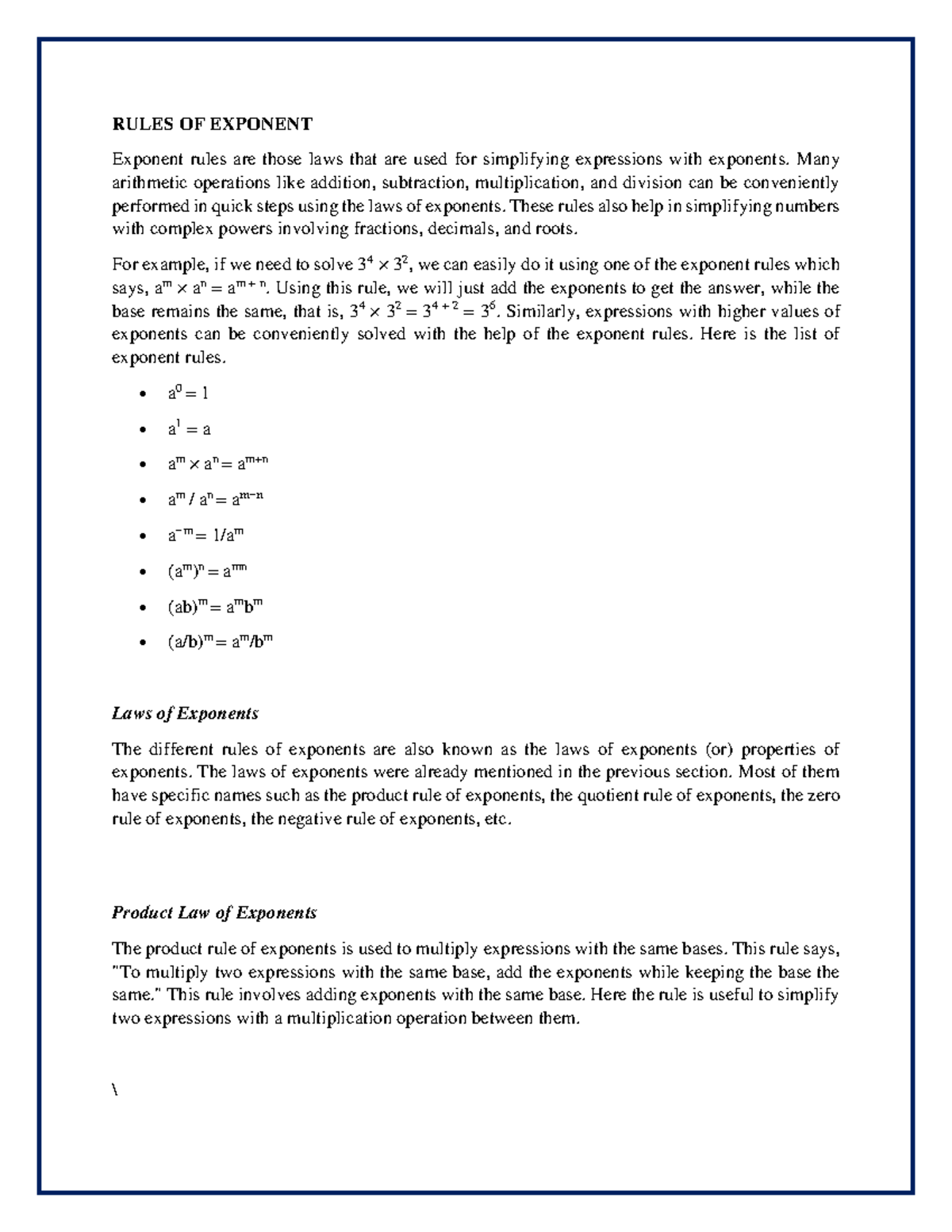 B11 - RULES IN EXPONENTS - RULES OF EXPONENT Exponent rules are those ...
