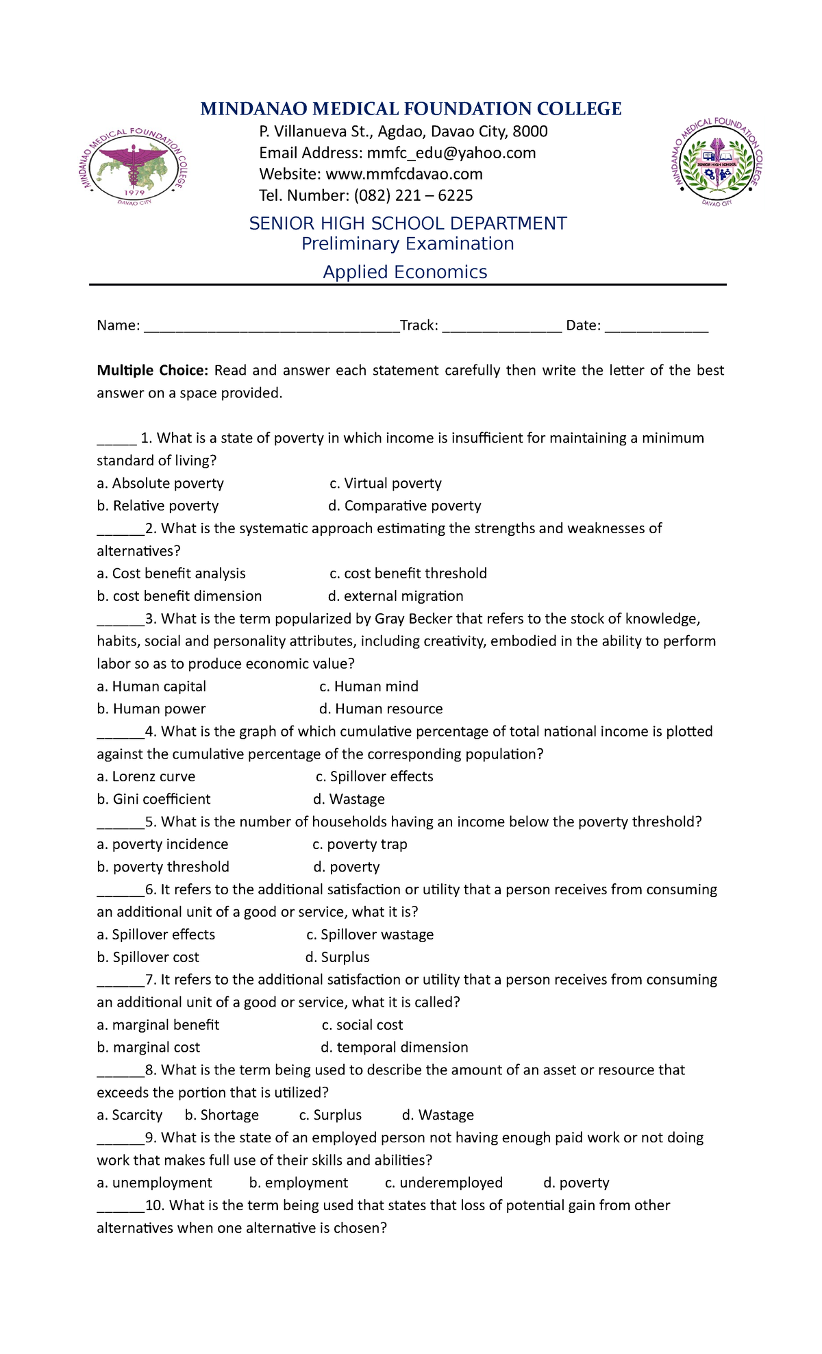 Prelim Exam Applied Economics - MINDANAO MEDICAL FOUNDATION COLLEGE P ...