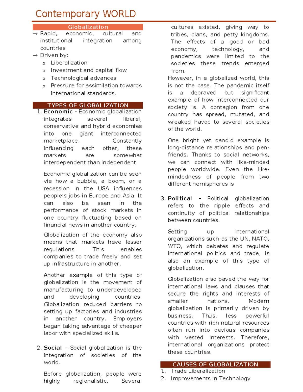 CWorld 1 - Contemporary WORLD Globalization Rapid, economic, cultural ...