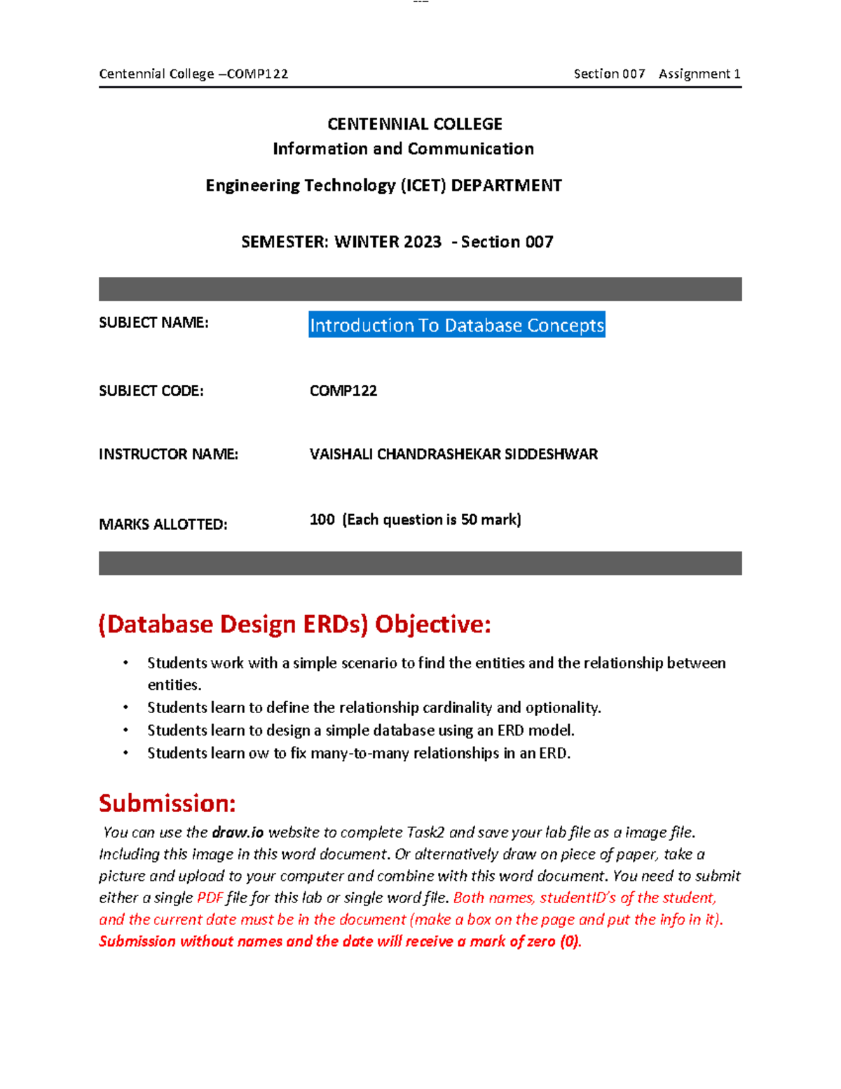 Assignment1 Comp122 Centennial College Comp122 Section 007