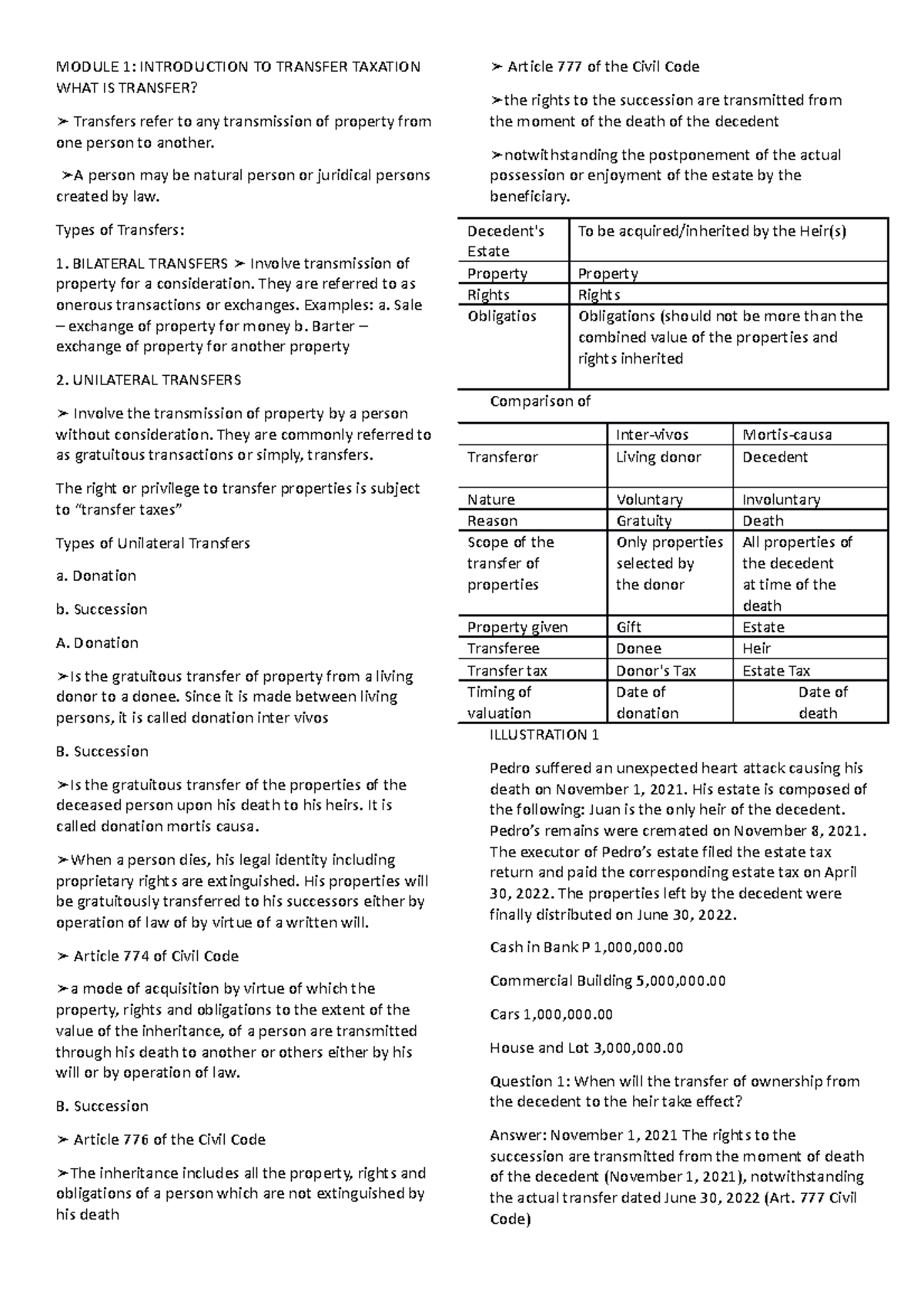Tax reviewer - N/A - MODULE 1: INTRODUCTION TO TRANSFER TAXATION WHAT ...