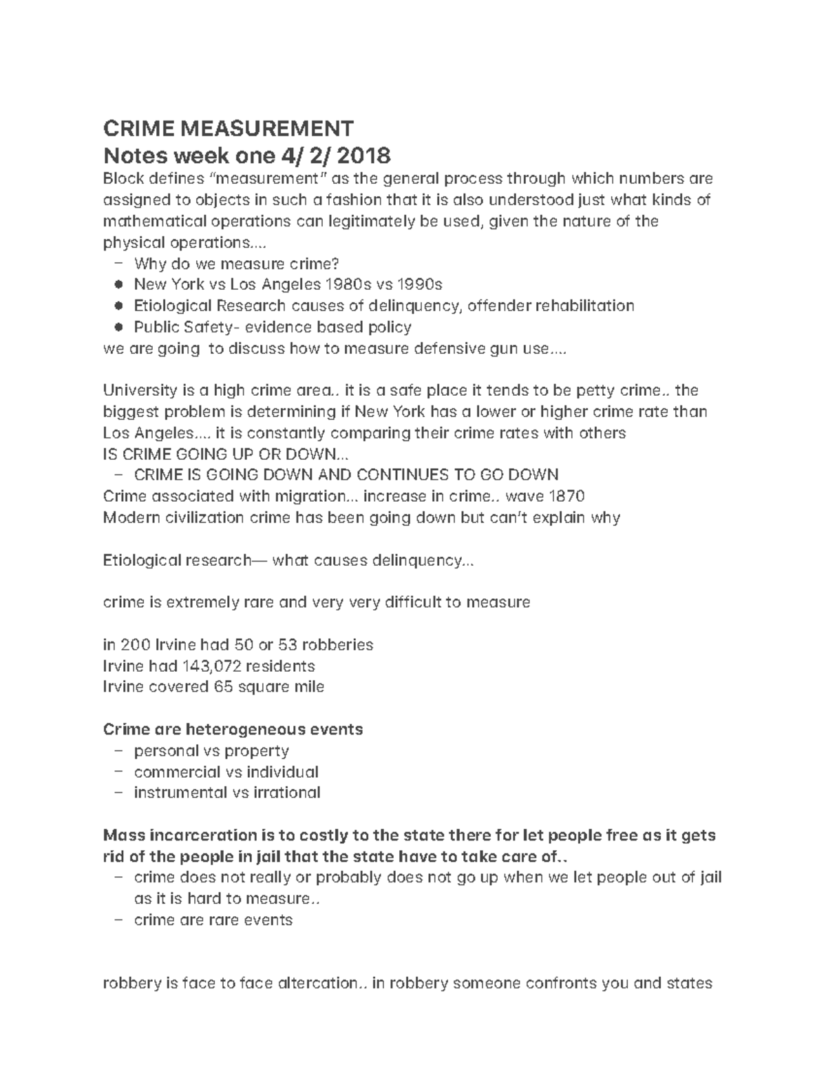 Crime Measurement Notes - CRIME MEASUREMENT Notes week one 4/ 2/ 2018 ...