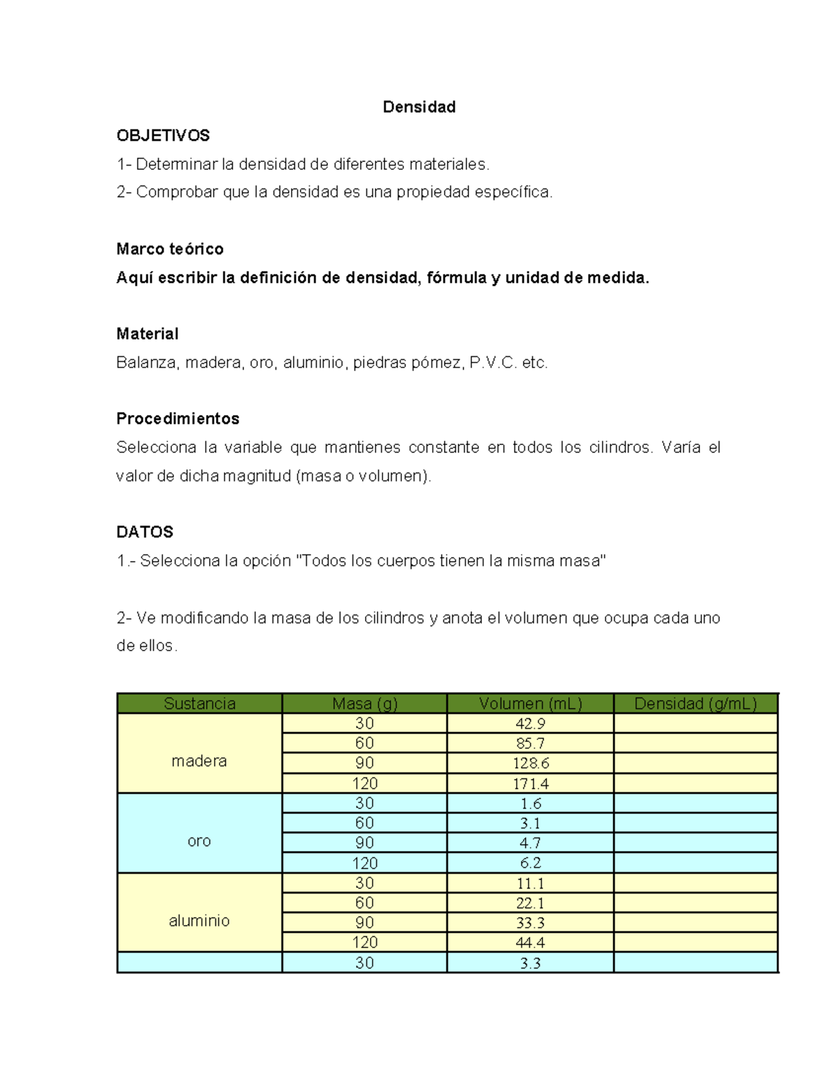 Practica Densidad - Densidad OBJETIVOS 1- Determinar la densidad de ...