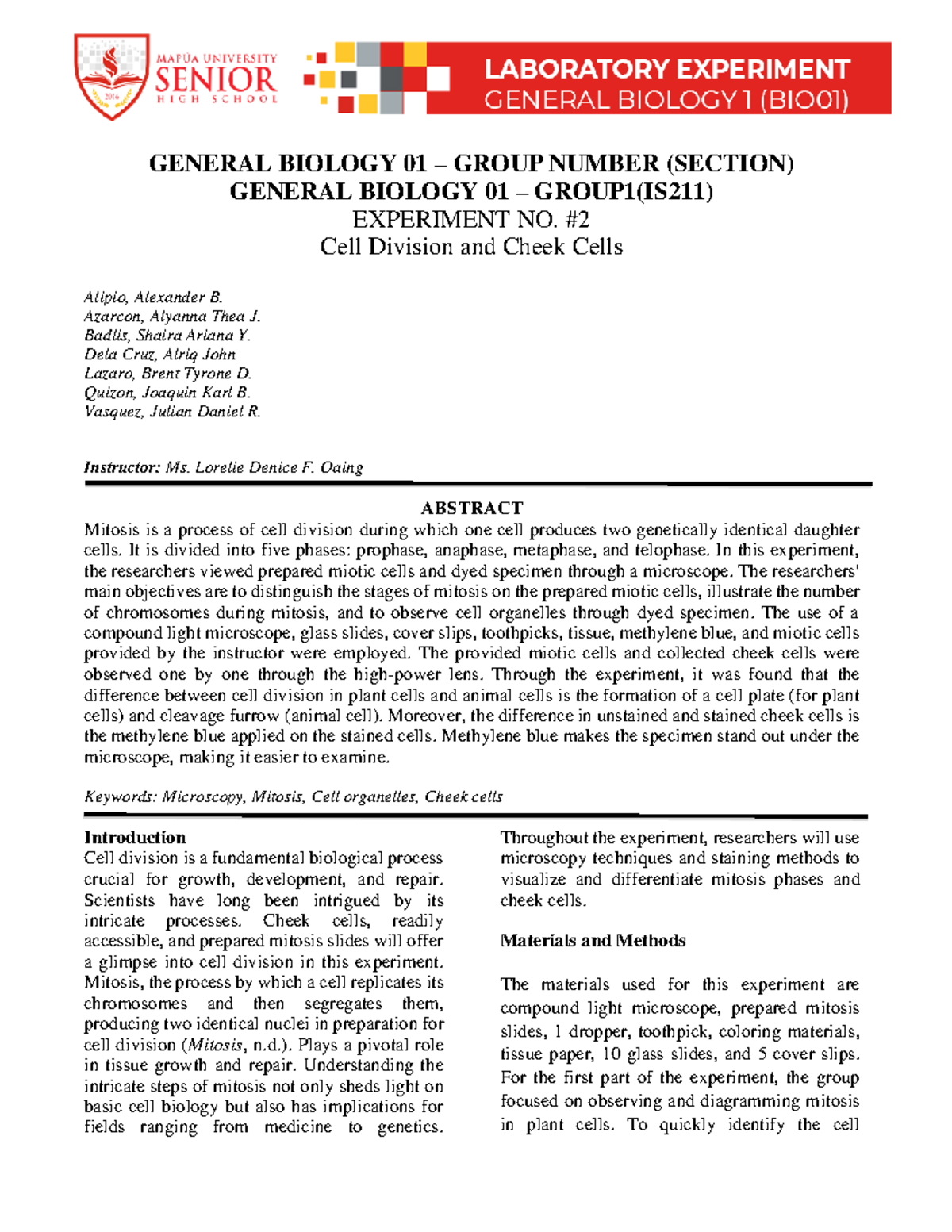 Group 1 IS211 Laboratory Report 2 - GENERAL BIOLOGY 01 – GROUP NUMBER ...