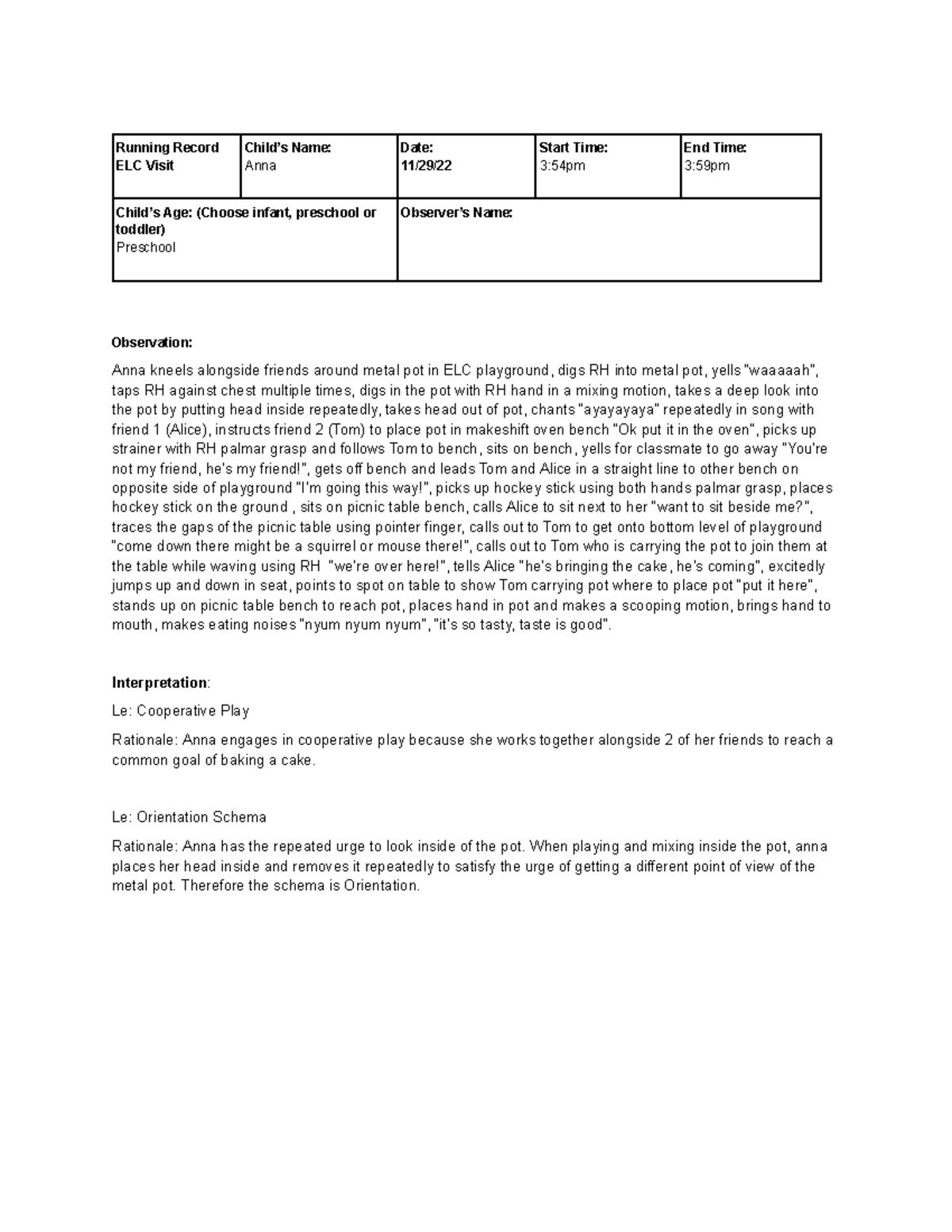 Running Record assignment - Running Record ELC Visit Child’s Name: Anna ...