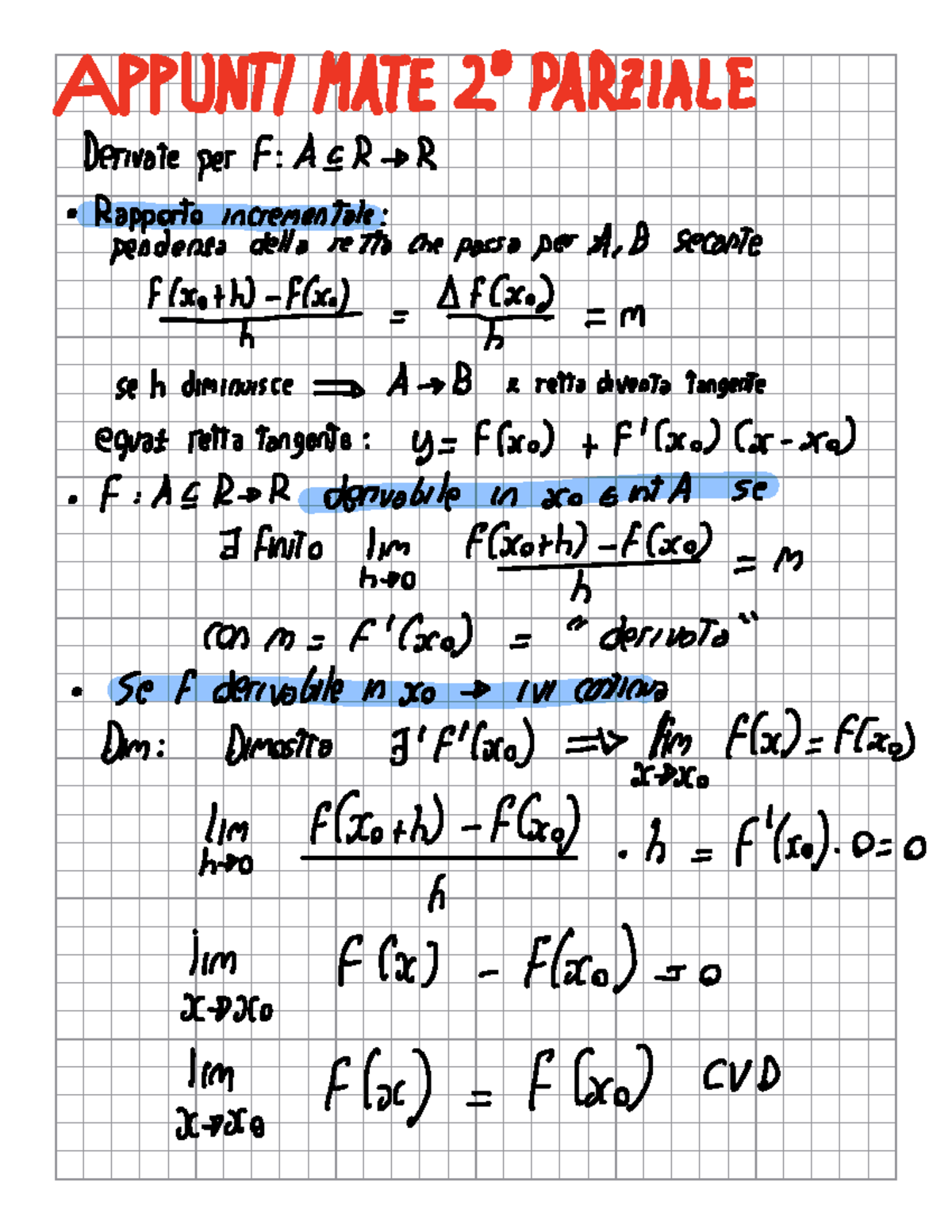 Matematica 1 secondo parziale - UNTI MATE L'PARZIALE Derivate per F AER ...