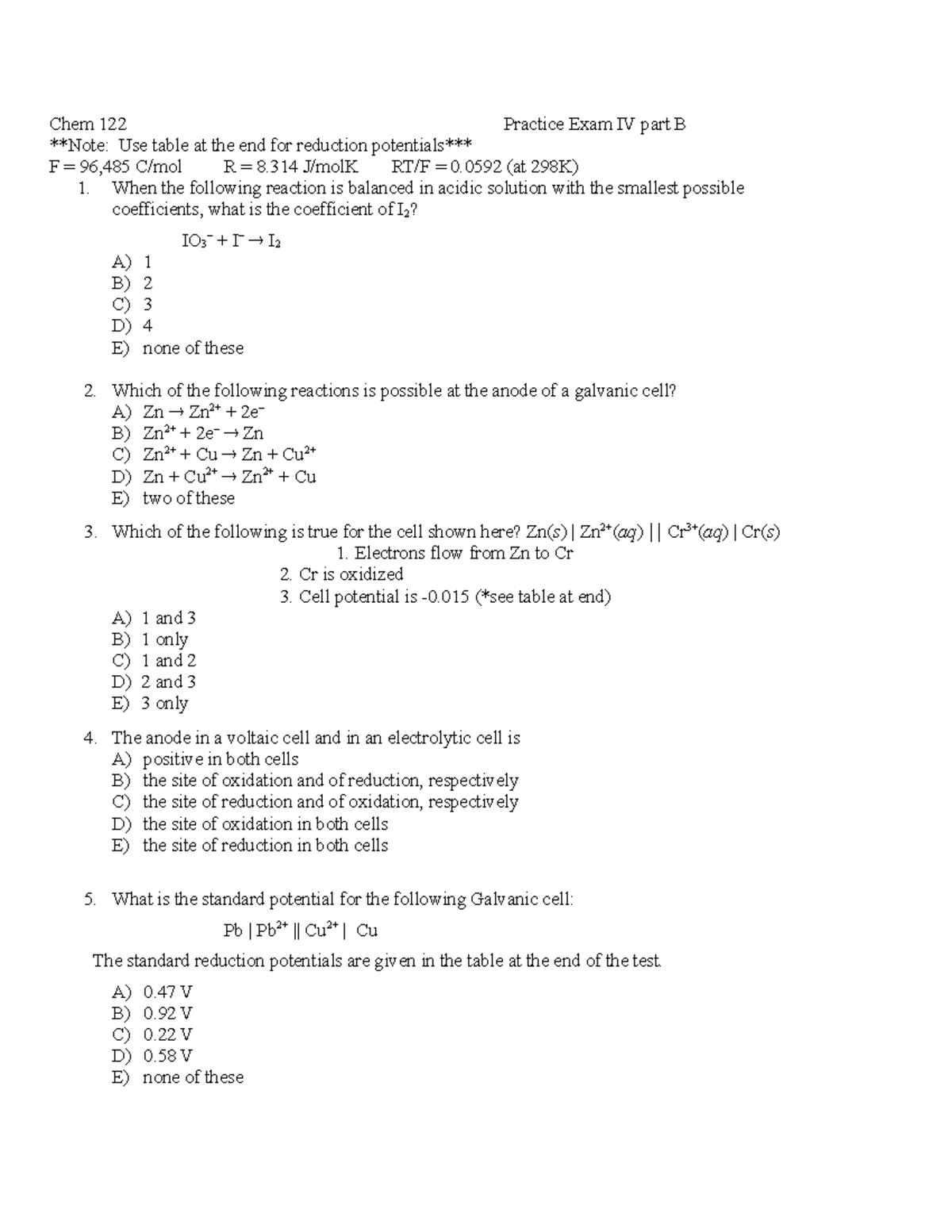 Chemistry 122 Practice exam 4 b Ch 20 Dr Davy - Chem 122 Practice Exam ...