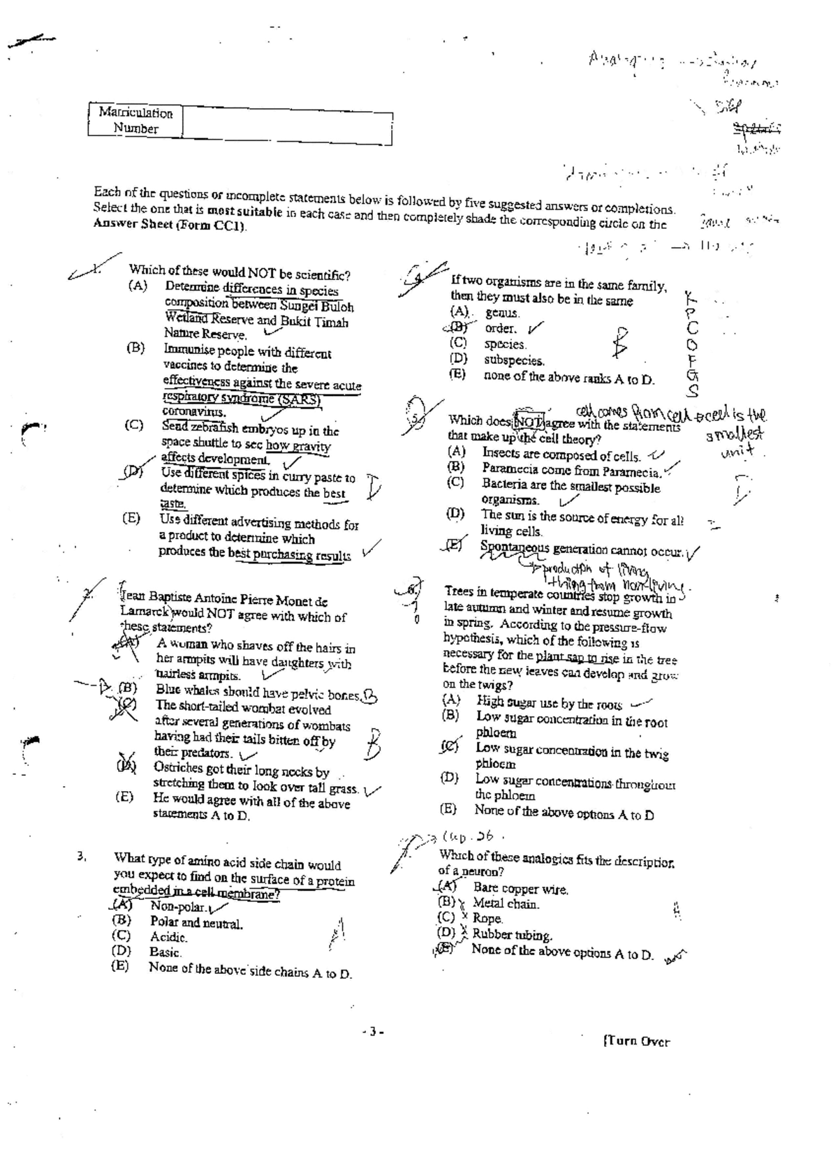 Bio Exam Paper - NILL - Diff Matriculation Number apeuts Select Each of ...