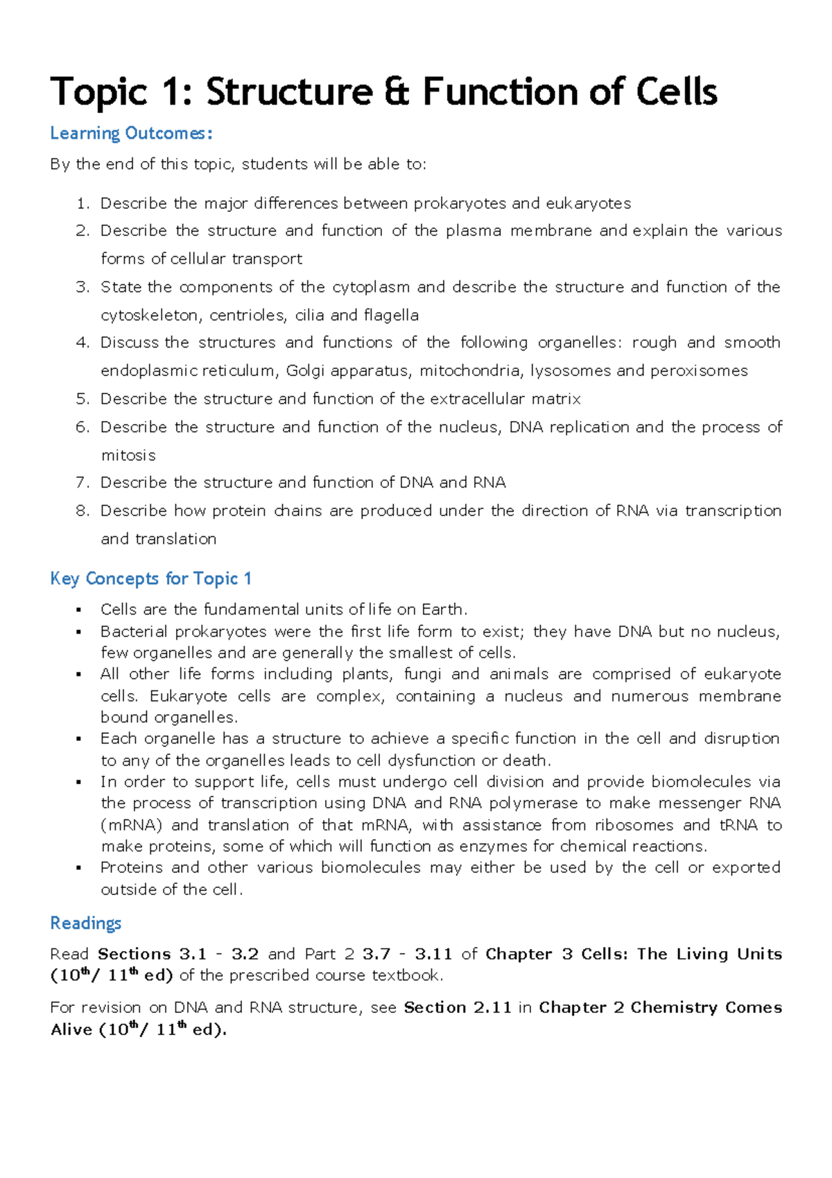 Topic 1 Structure & Function of Cells Revision - Topic 1: Structure ...