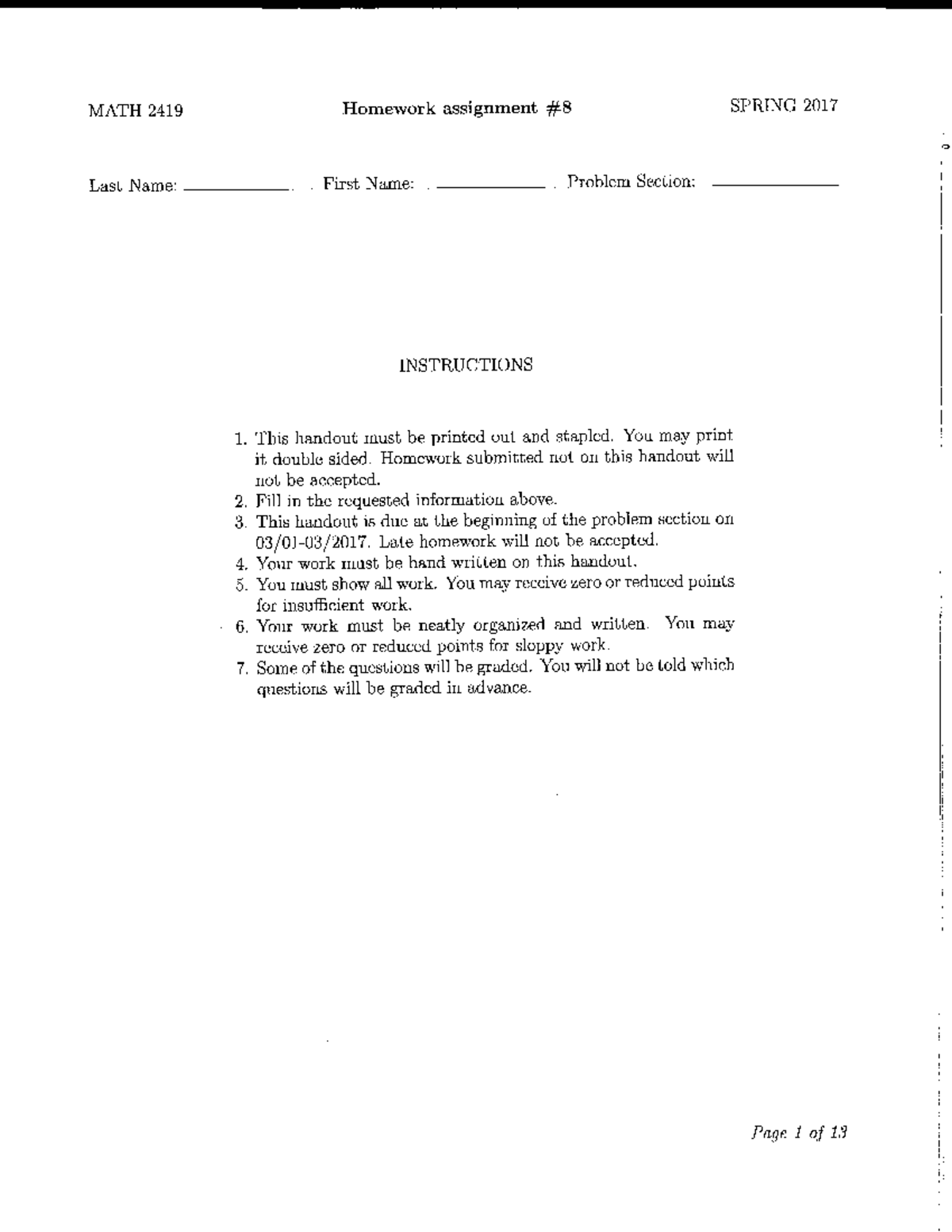 HW8solution - hwk 8 - MATH 2419 Last Name: we Homework assignment #8 SPRING 2017 First Name ...