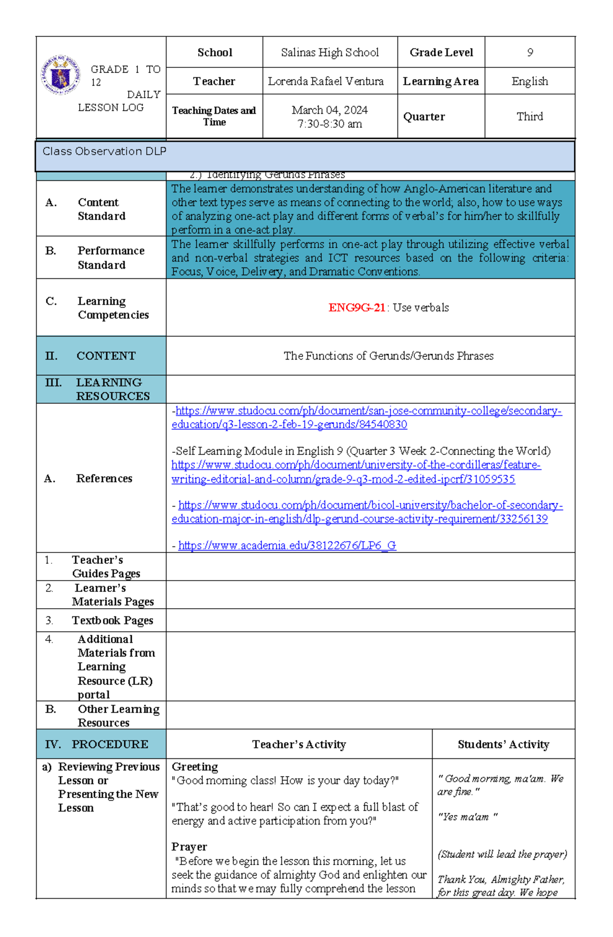 Grade 9 LP-March 04 - GRADE 1 TO 12 DAILY LESSON LOG School Salinas ...