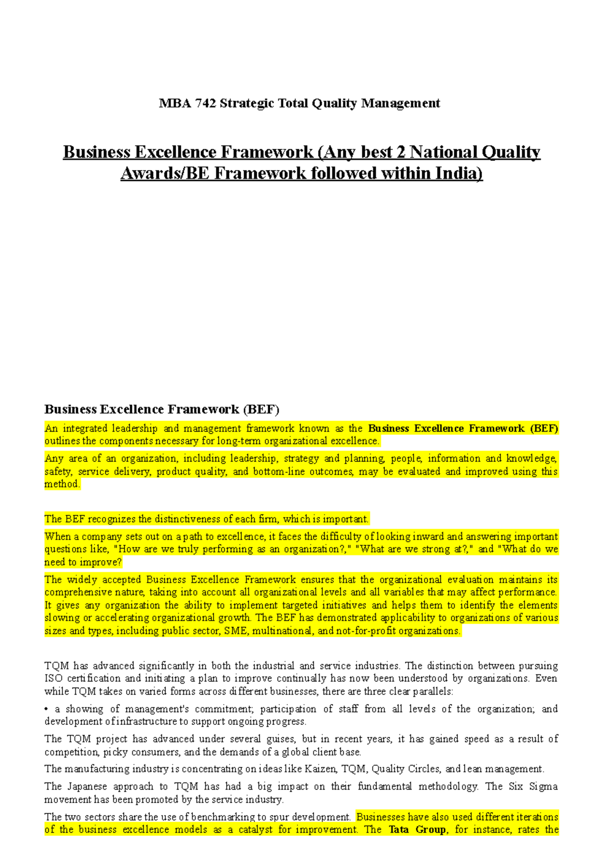 STQM - FRAMEWORKS - MBA 742 Strategic Total Quality Management Business Excellence Framework ...