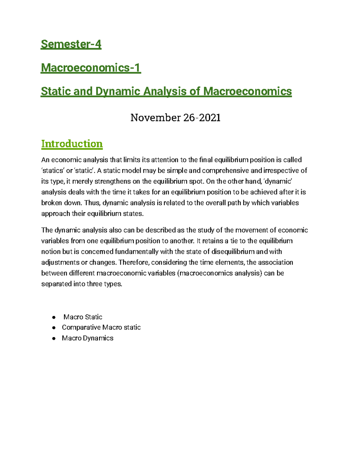 Class notes for micro economics - Semester- Macroeconomics- Static and ...
