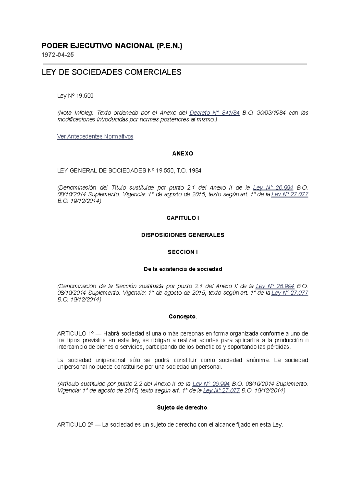 LEY DE Sociedades Comerciales 19 - PODER EJECUTIVO NACIONAL (P.E.) 1972 ...