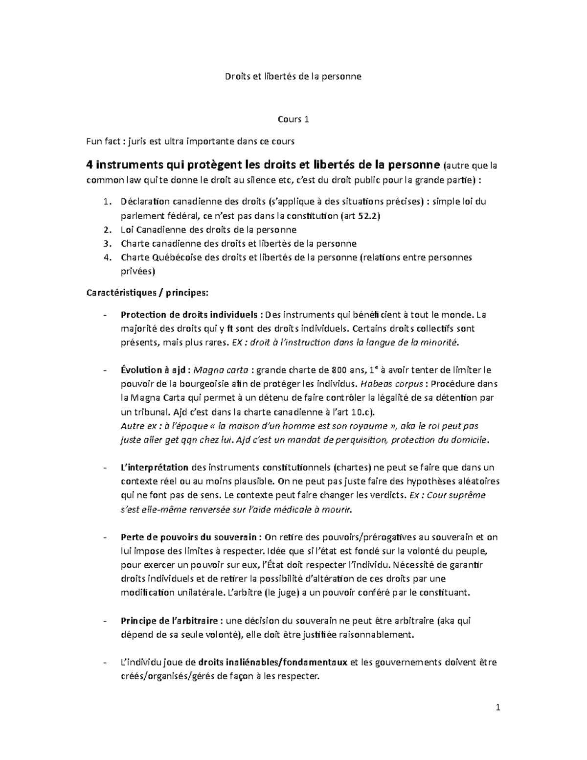 Notes de cours complètes droits et libertés de la personne - Droits et ...