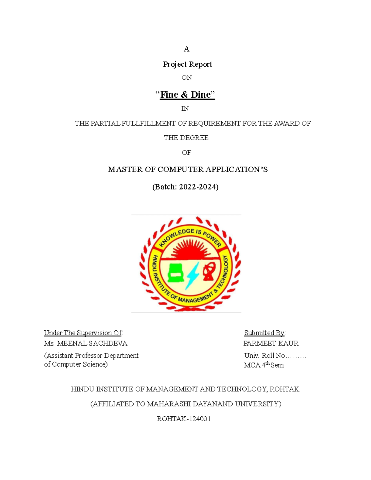 project file for food resturent - A Project Report ON “Fine & Dine” IN ...